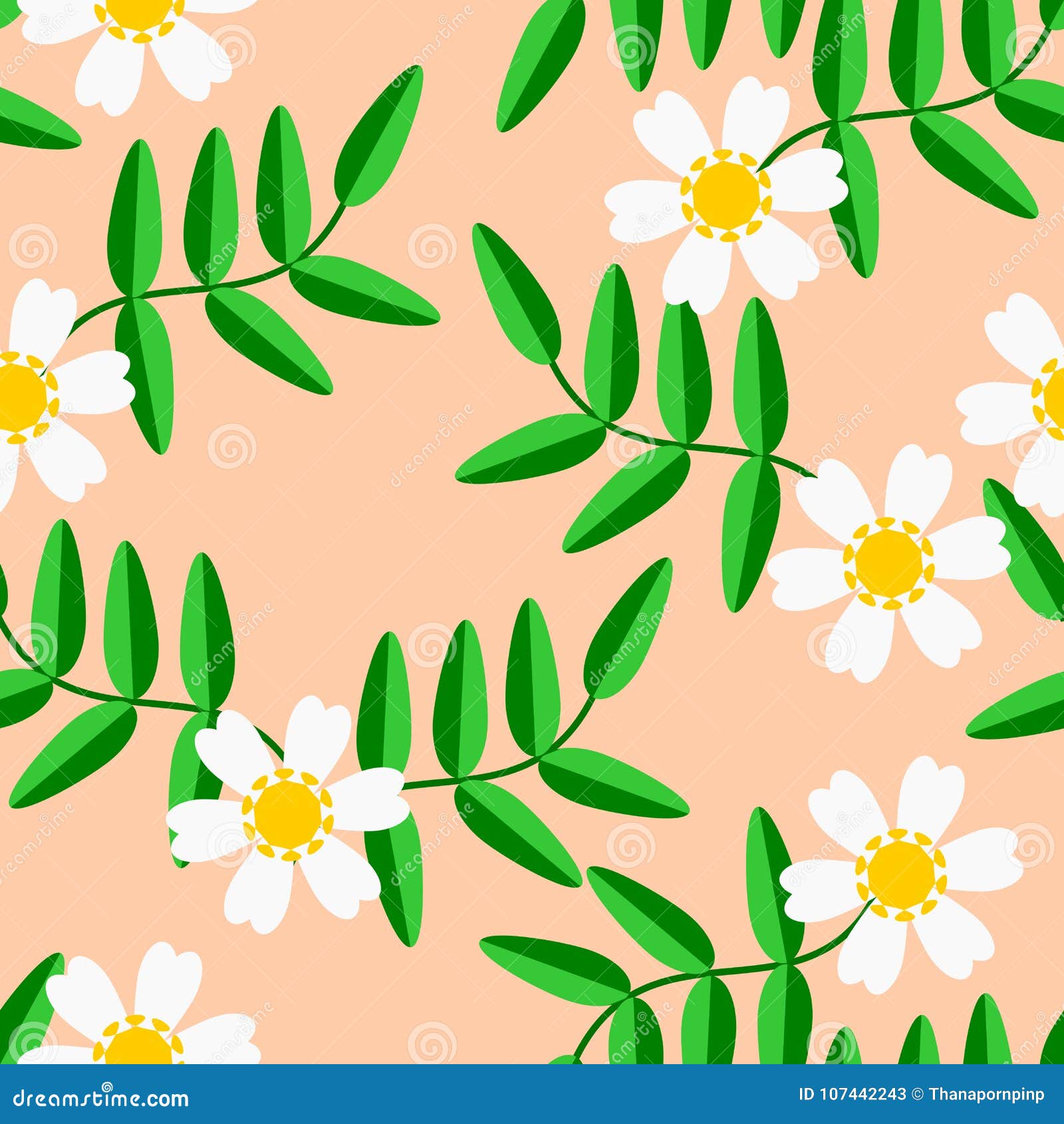 Seamless Pattern Vector of White Flowers and Green Leaves. Stock Vector ...