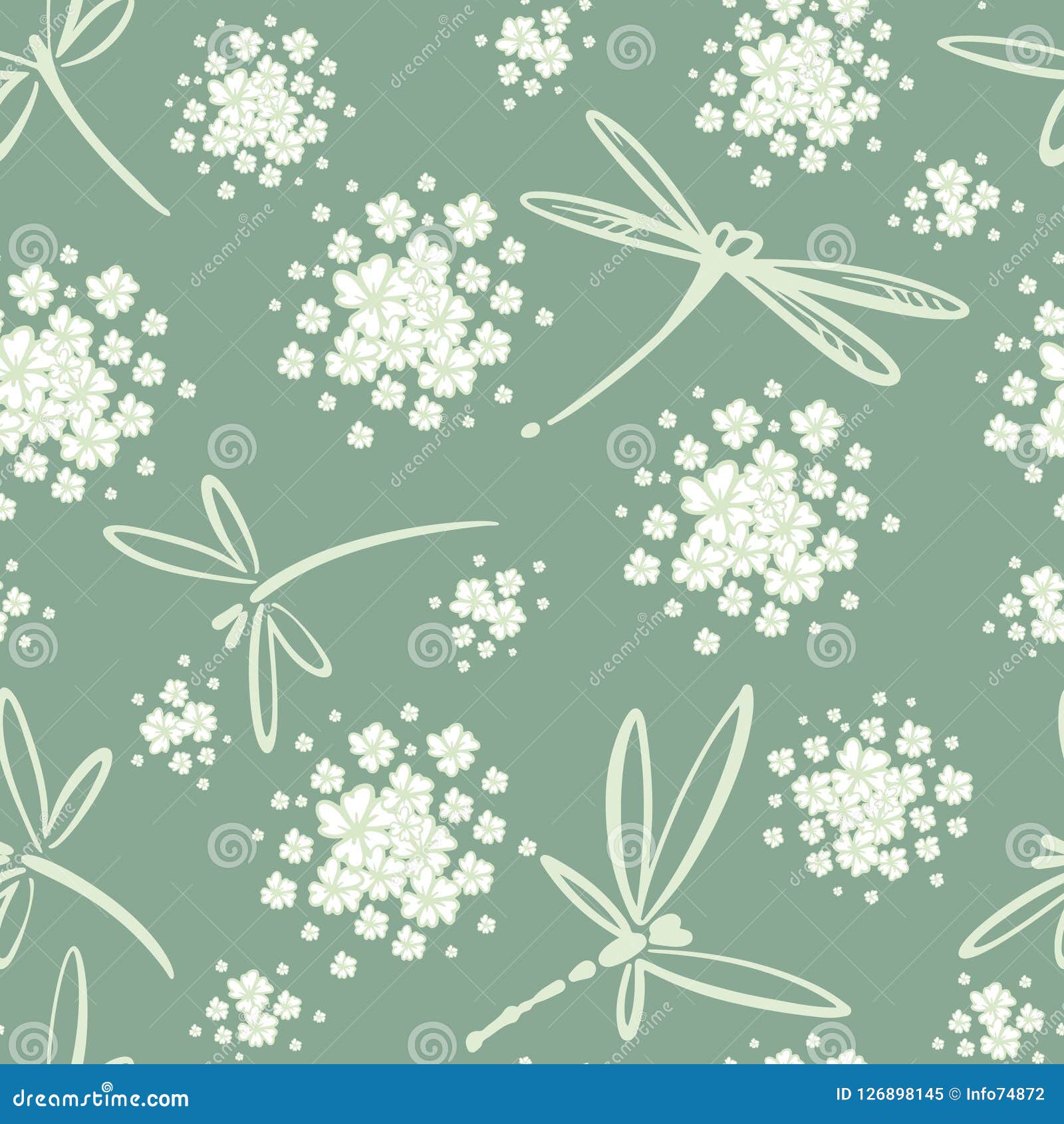 Seamless Pattern Vector with Wind Blow Flowers and Dragonflies. Stock ...