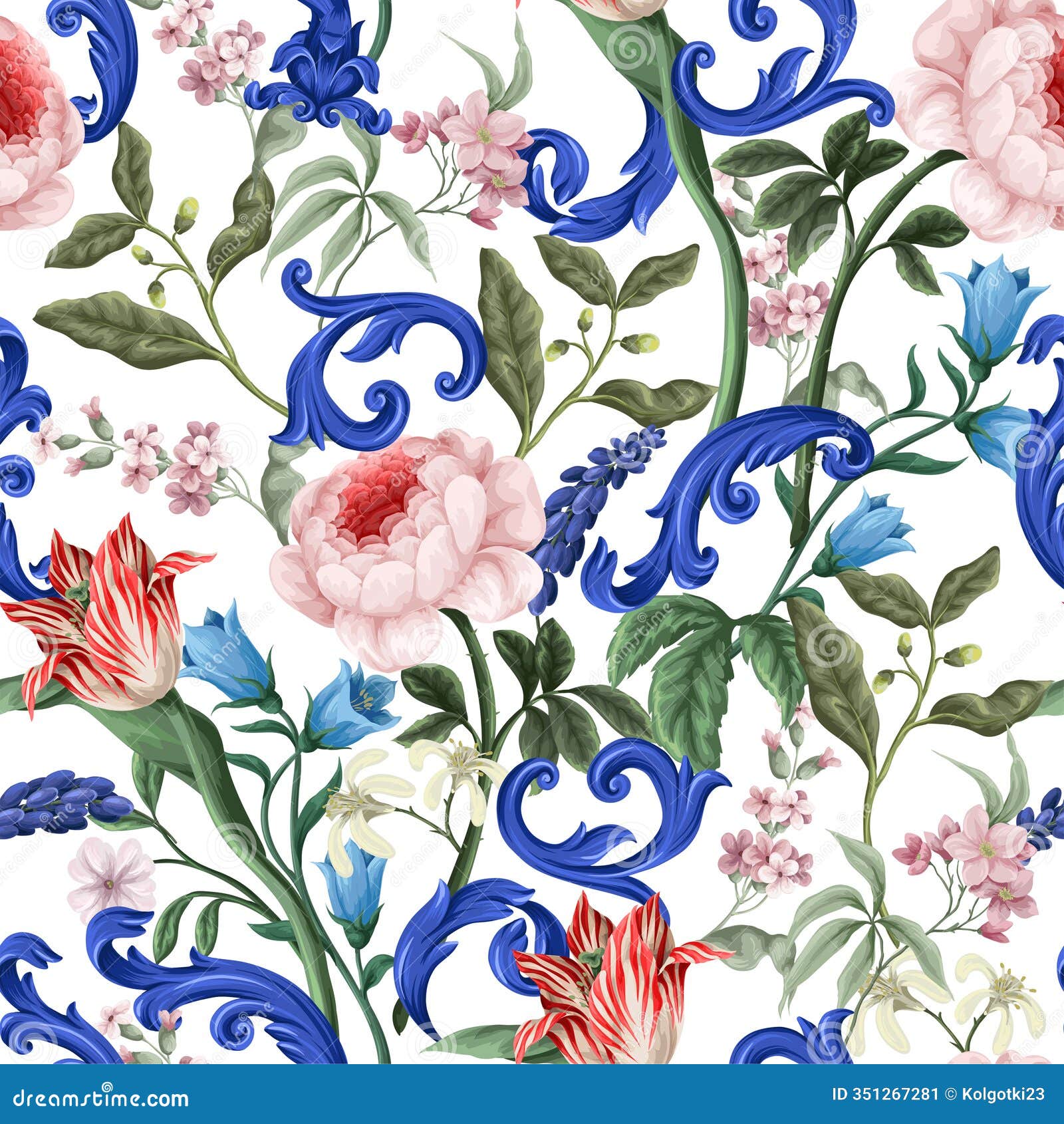 Seamless Pattern with Victorian Vintage Flowers and Baroque Elements. Vector Stock Illustration ...