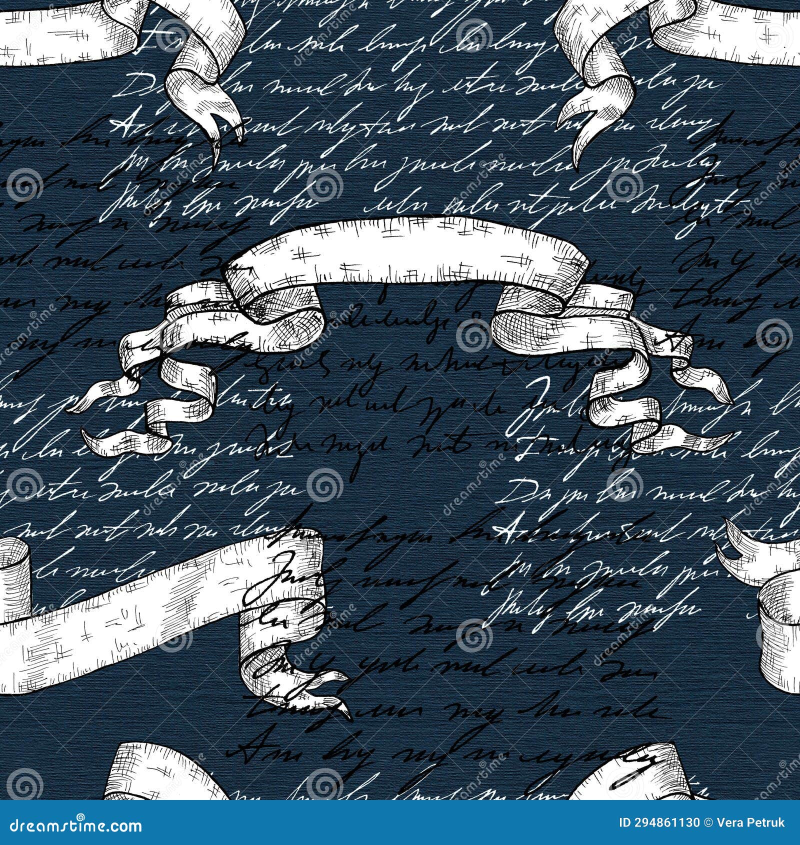 Seamless Pattern with Vignette Banner and Handwritten Text Over Blue ...