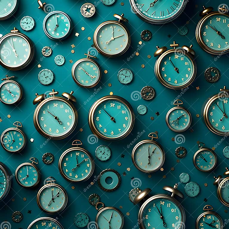 Seamless Pattern with Vintage Alarm Clocks on Blue Background. 3D ...