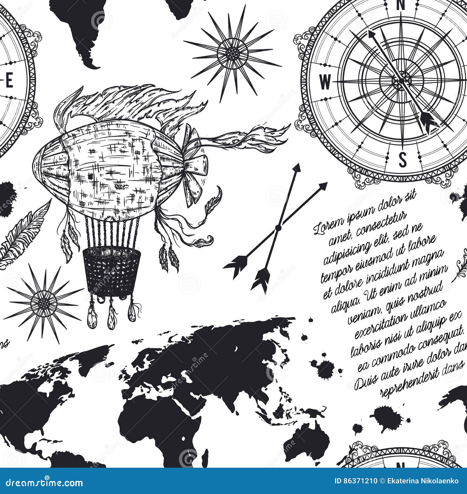 Set Compass, World Travel Map, Airplane Window, Radar With Targets On ...