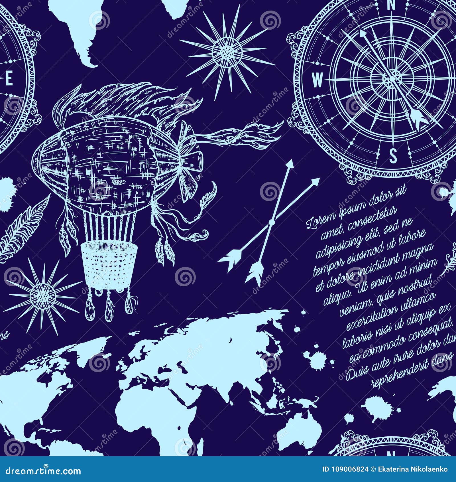 Seamless Pattern with Vintage Compass, World Map, Airship and Wind Rose ...