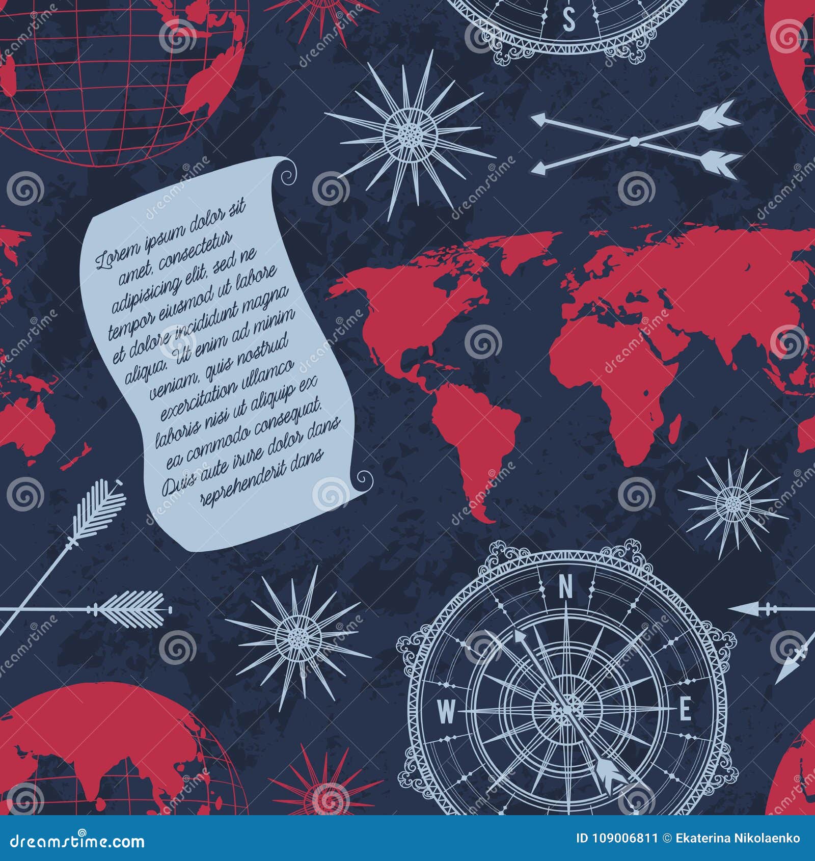 Seamless Pattern with Vintage Globe, Compass, World Map and Wind Rose ...