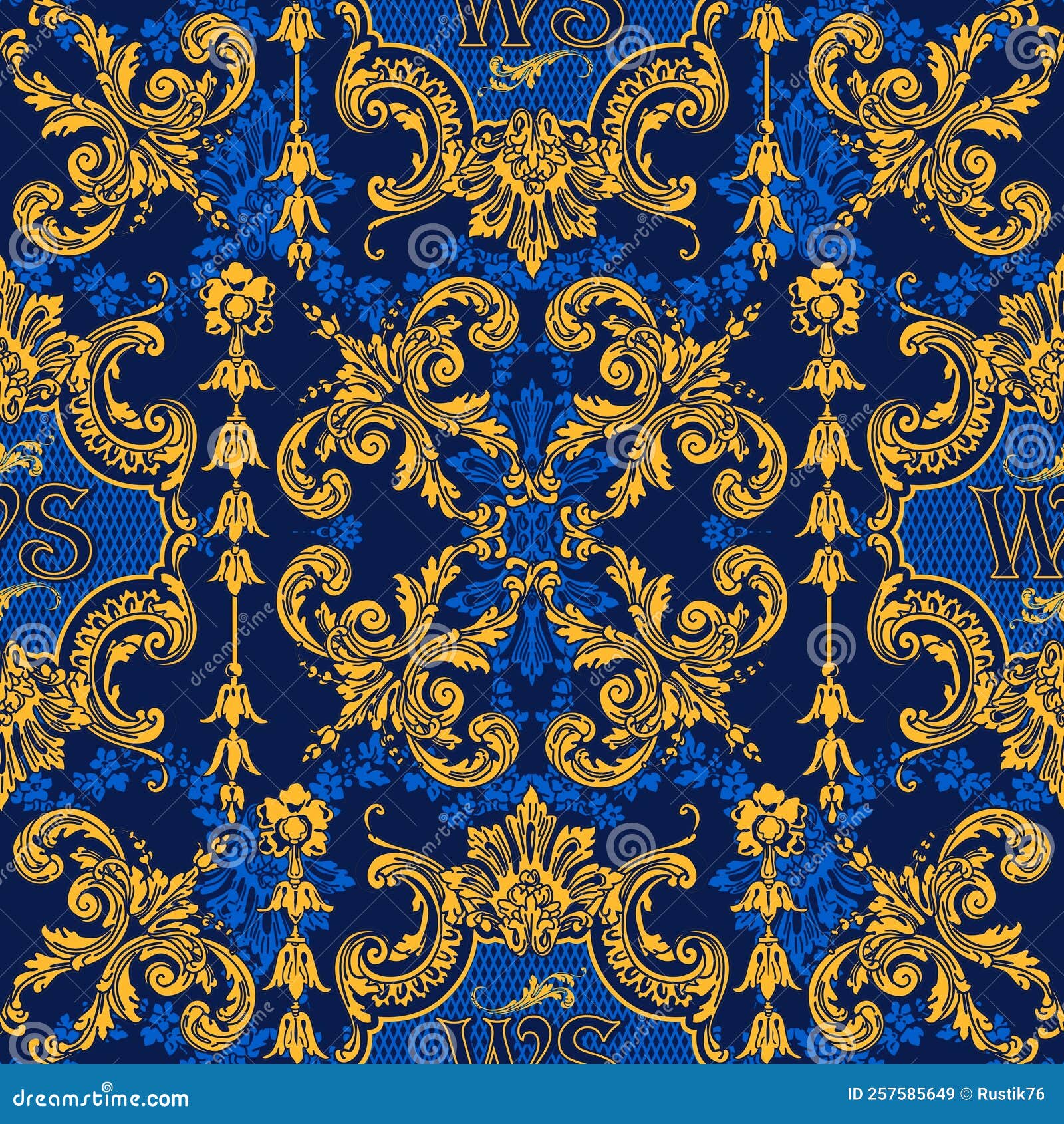 Seamless Pattern in Vintage Style with WS Monogram with Gold Elements ...