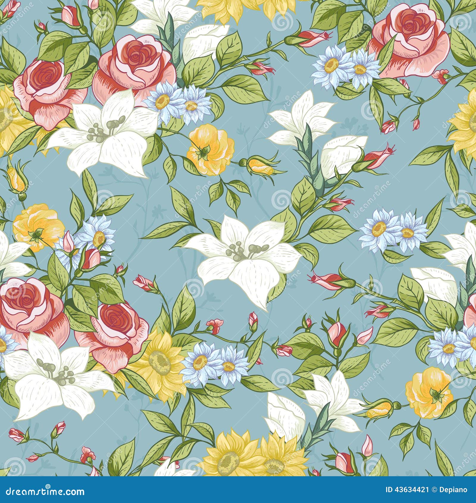 Seamless Pattern with Vintage Wildflowers Stock Vector - Illustration ...