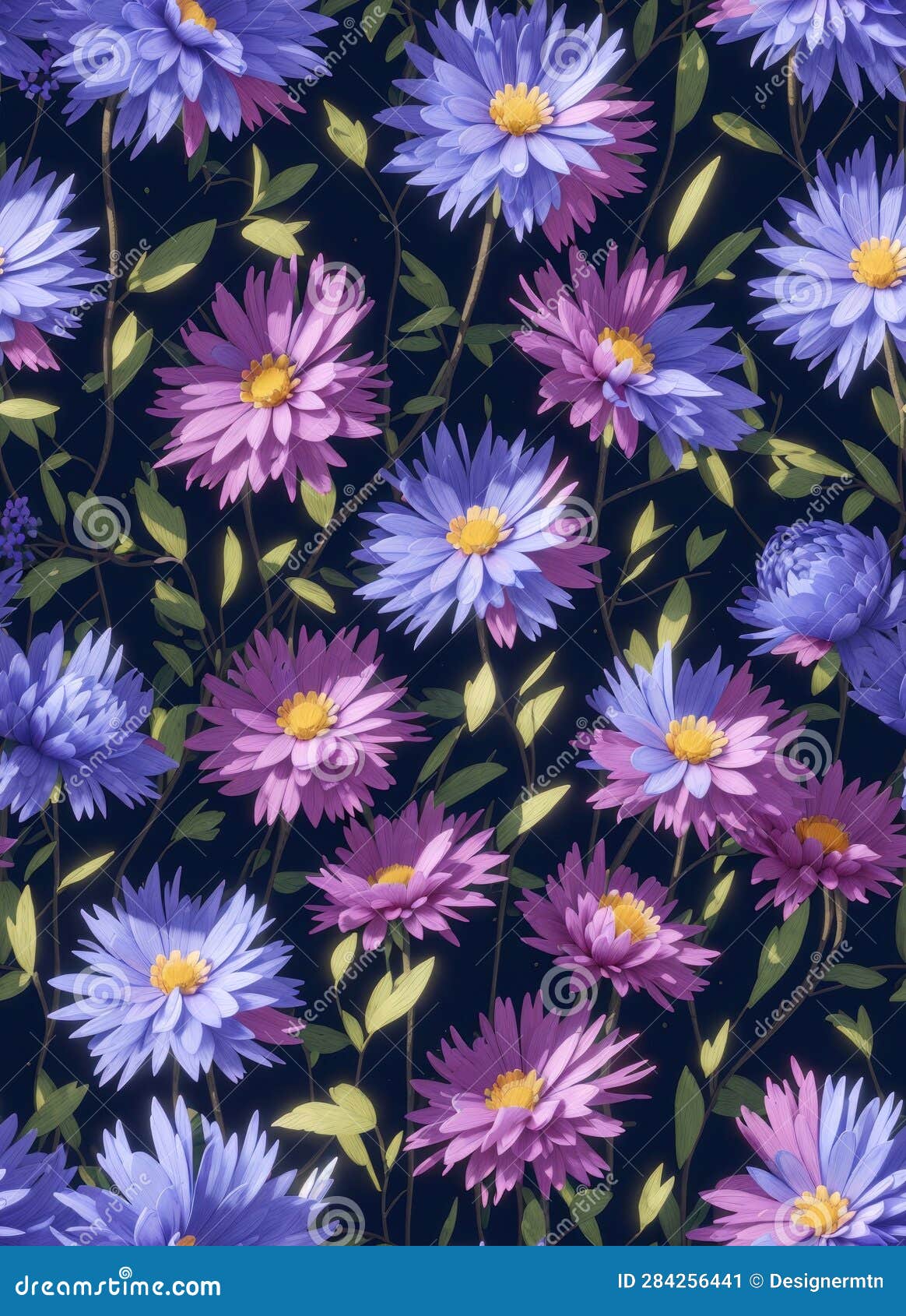 Seamless Pattern with Violet Aster Flowers Illustration in Watercolor ...