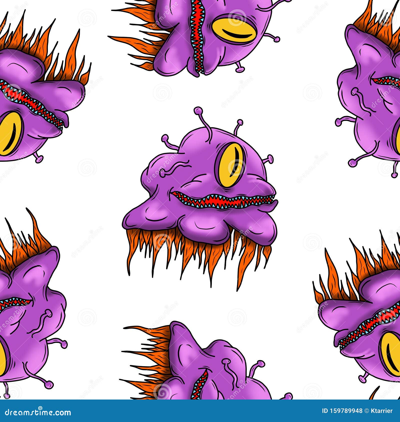 Wacky, Crazy Space Alien or Monster Cartoon. Seemless Pattern. Computer ...