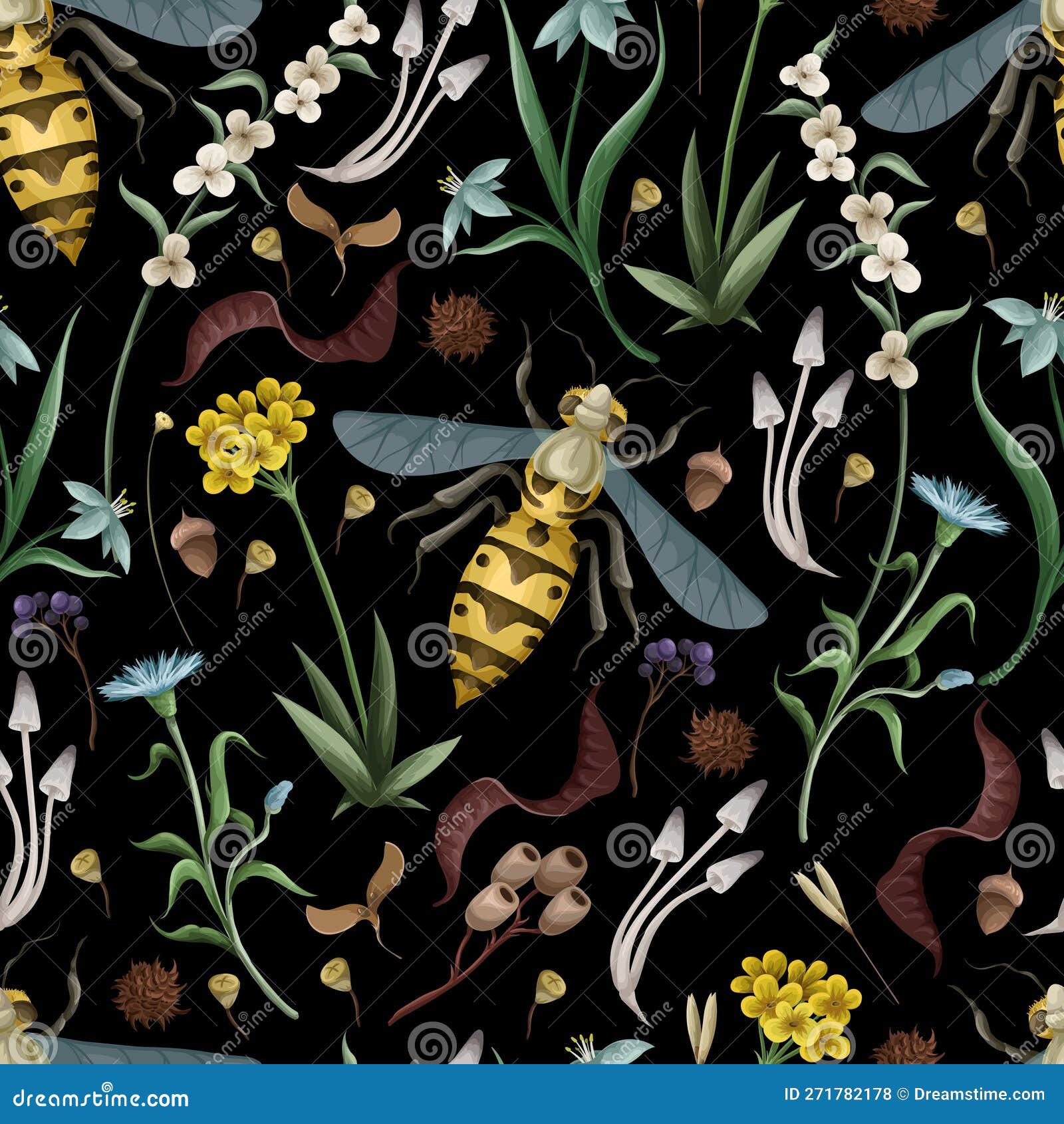 Seamless Pattern with Wasp and Florals. Vector Stock Vector ...