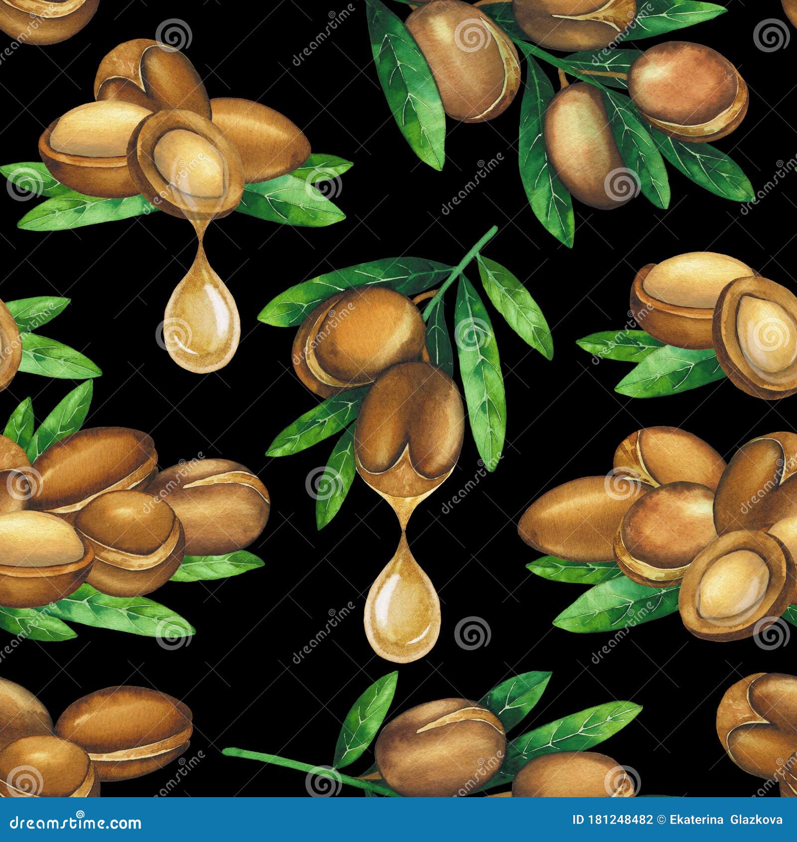 Seamless Pattern of Watercolor Argan Plants. Hand Painted Design Stock ...