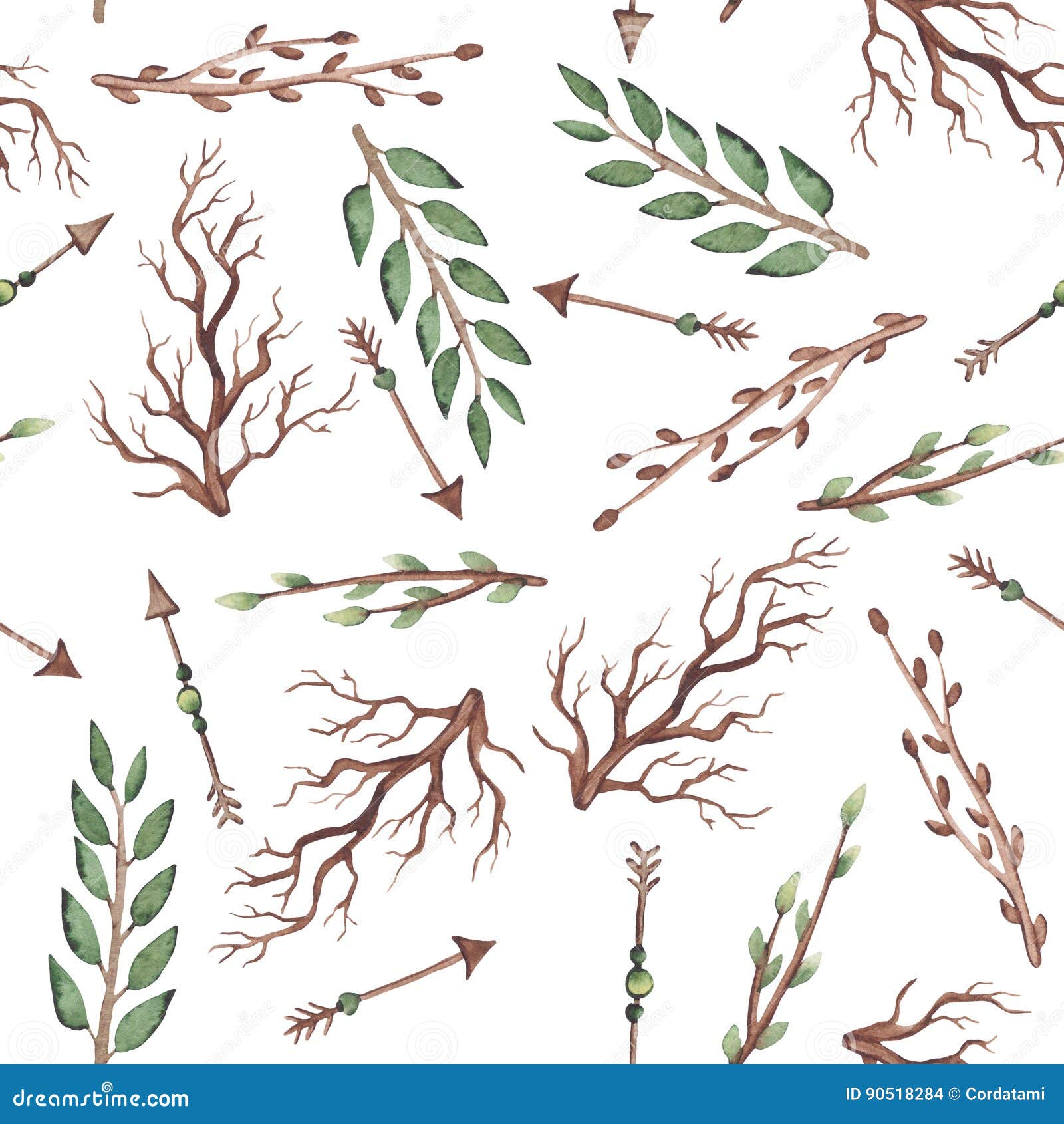 Seamless Pattern of Watercolor Arrows, Green Leaves and Branches Stock ...