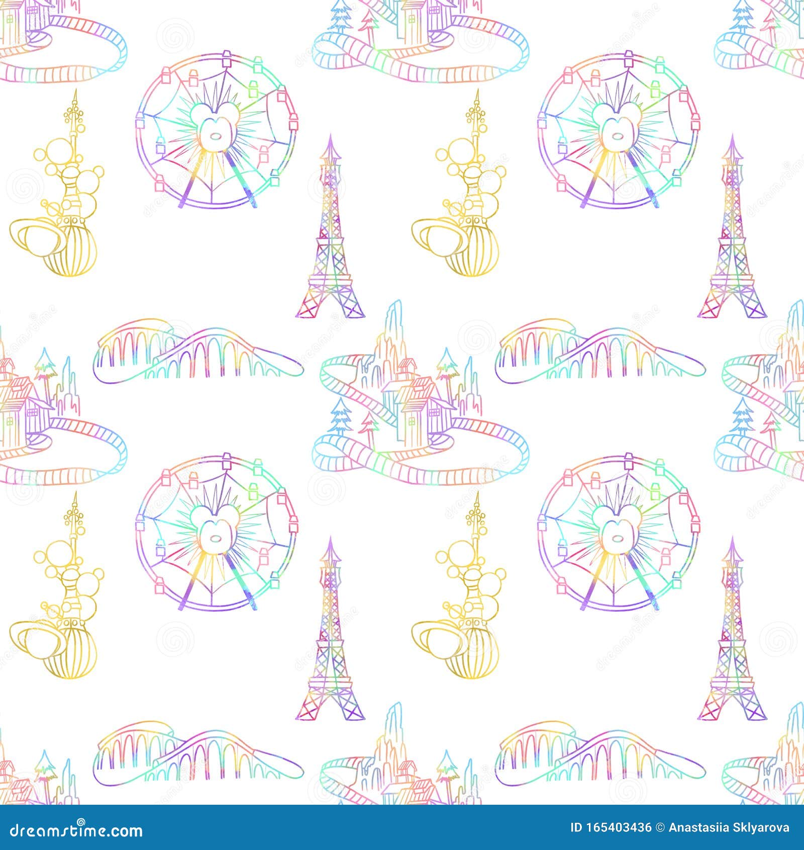Seamless Pattern with Watercolor Attractions from the Amusement Park ...