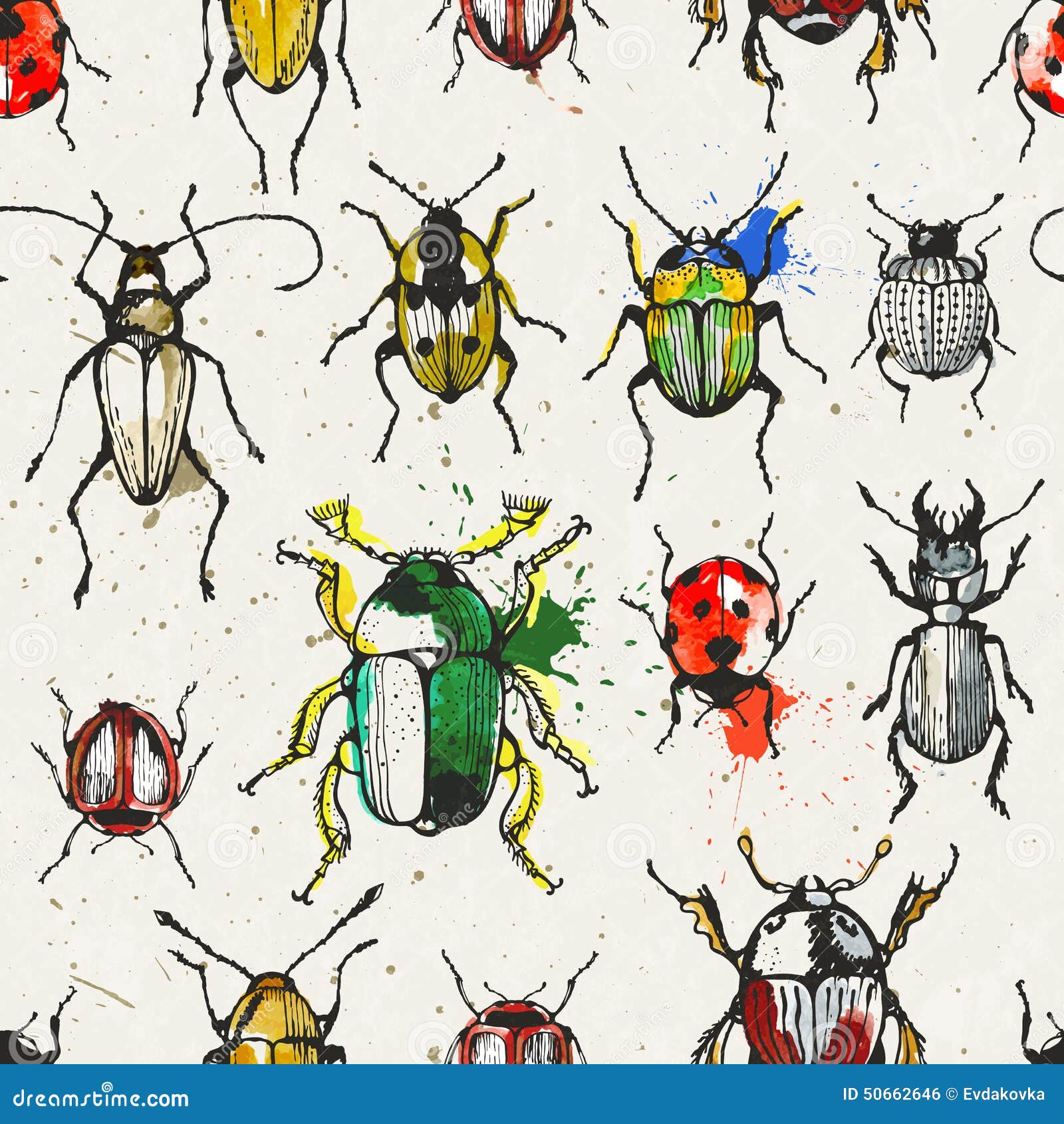 Seamless Pattern with Watercolor Beetles Stock Vector - Illustration of ...