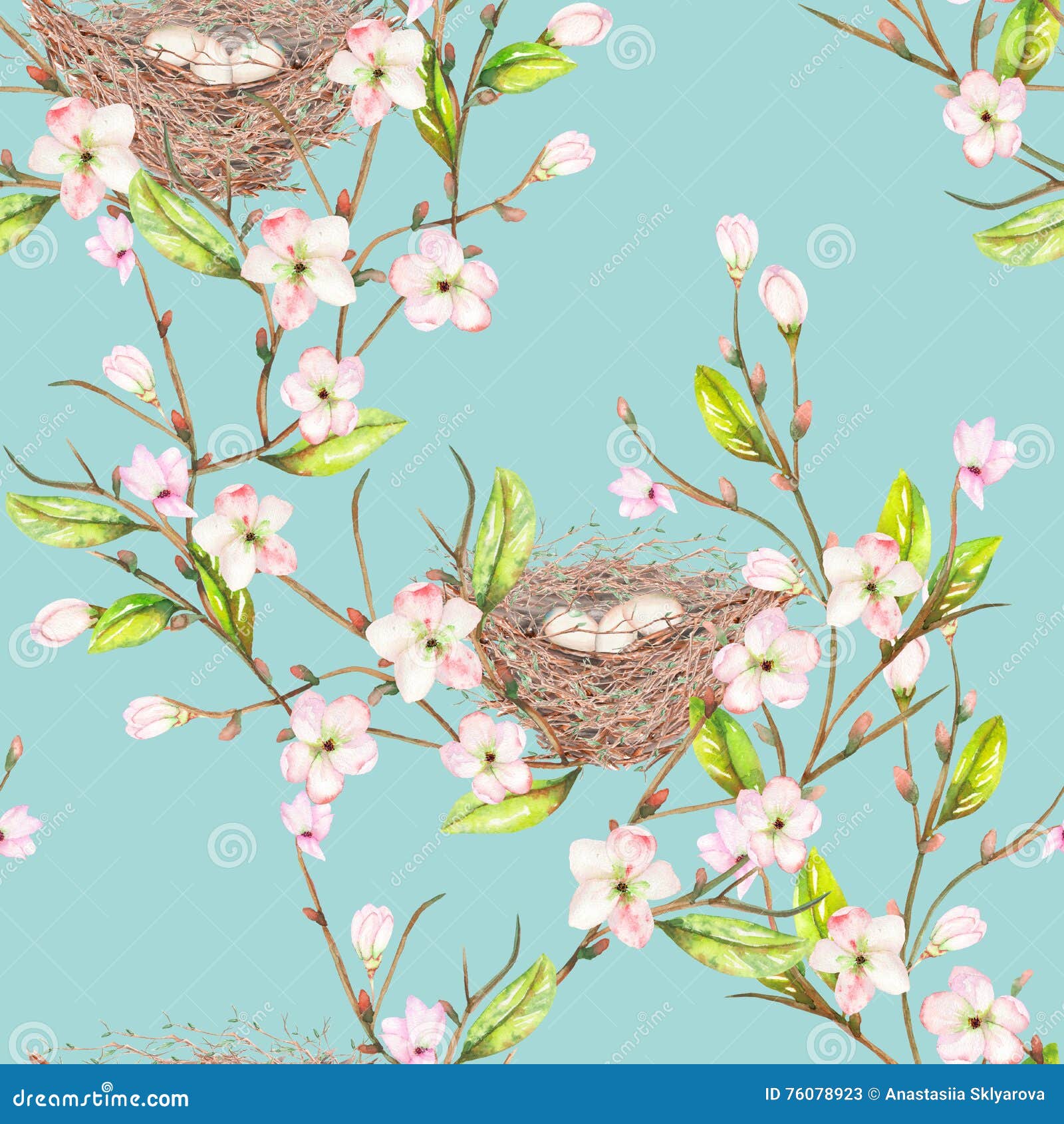 Seamless Pattern of the Watercolor Bird Nests on the Branches with ...