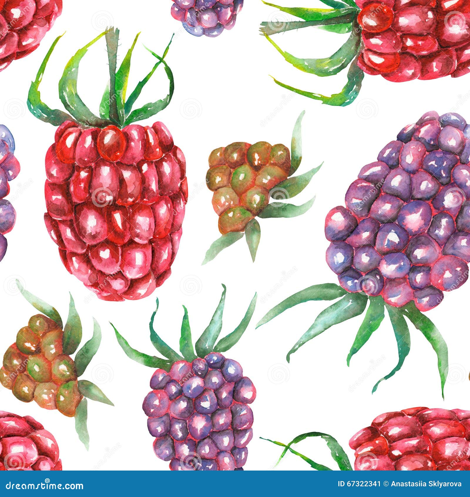 A Seamless Pattern with the Watercolor Blackberry and Raspberry Stock ...