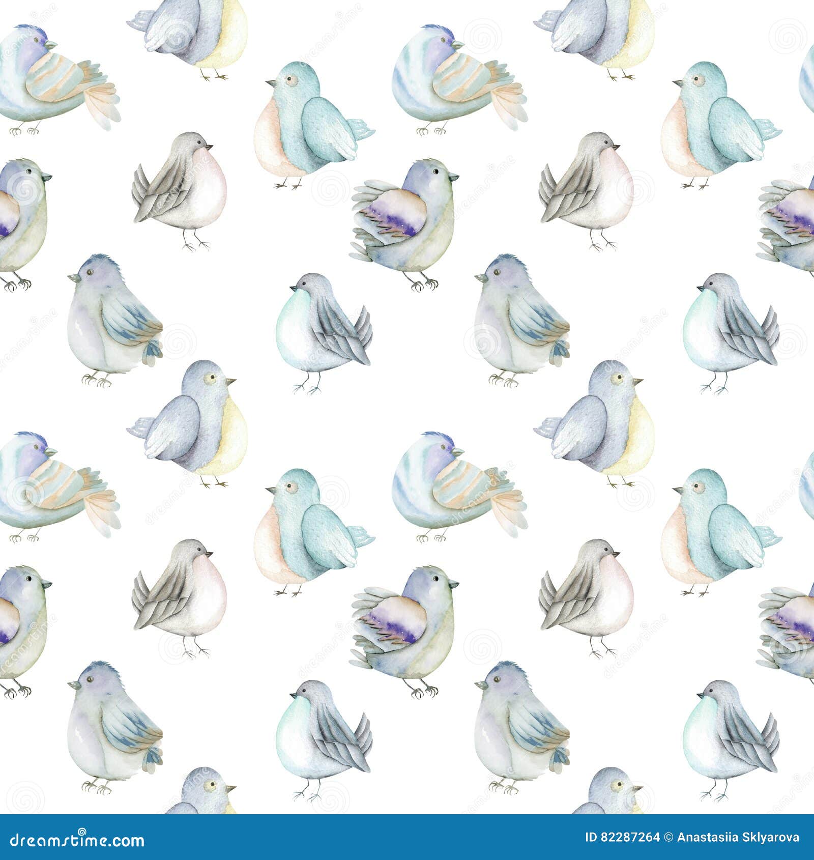 Seamless Pattern of the Watercolor Blue Birds Stock Illustration ...