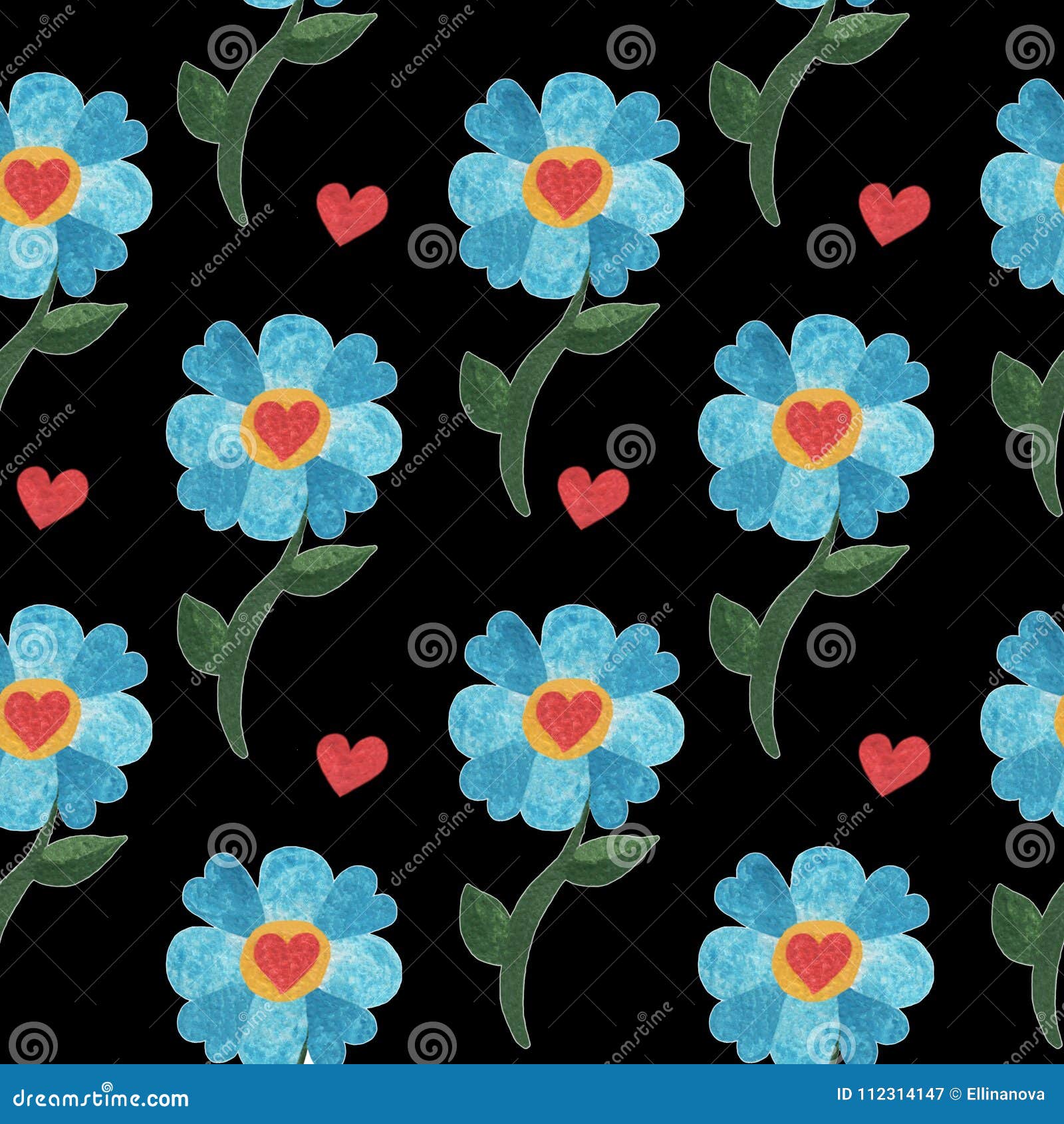 Seamless Pattern with Watercolor Blue Cute Flower with Heart Stock ...