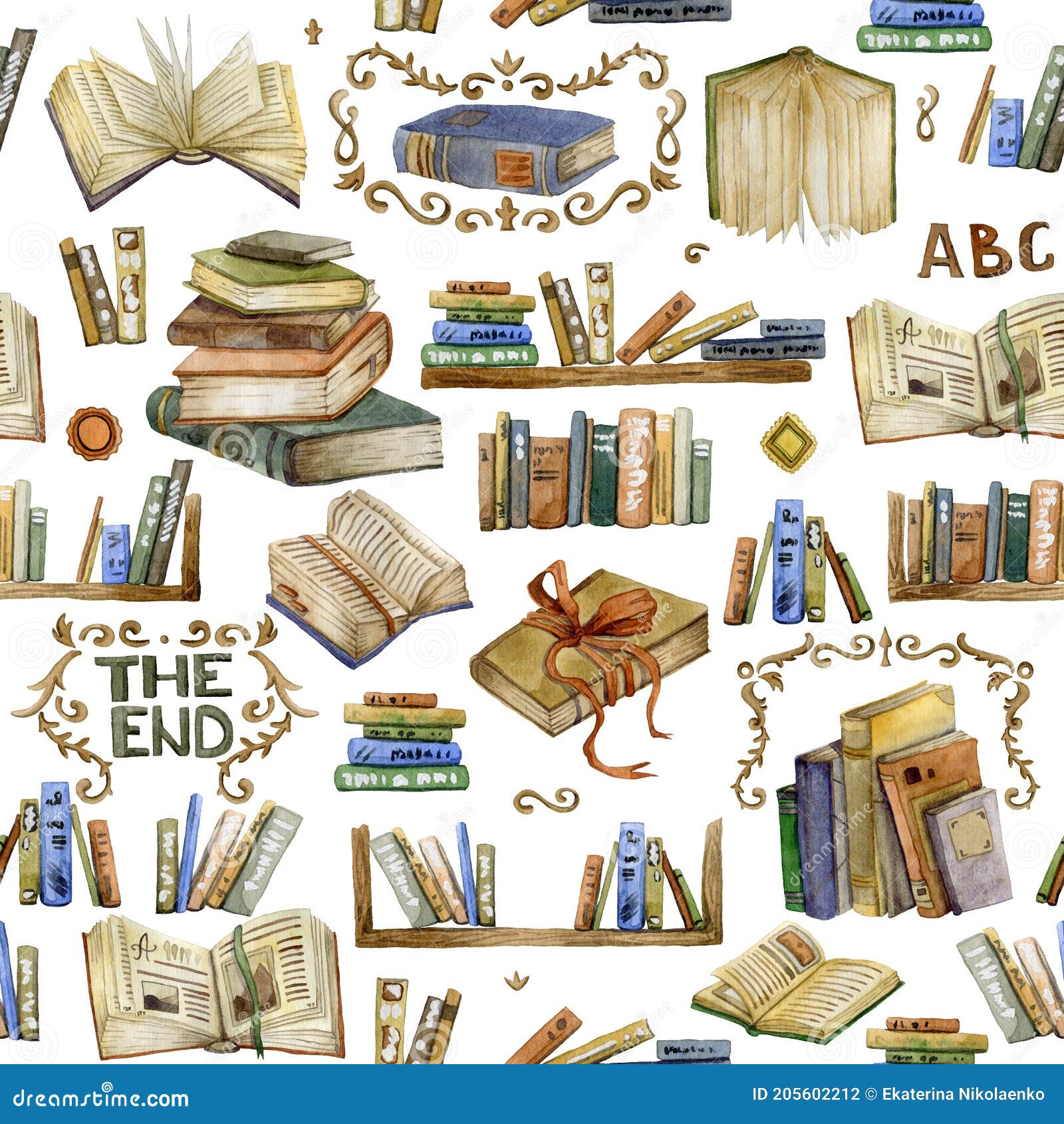 Seamless Pattern with Watercolor Books Set. Open Books and Stack of ...