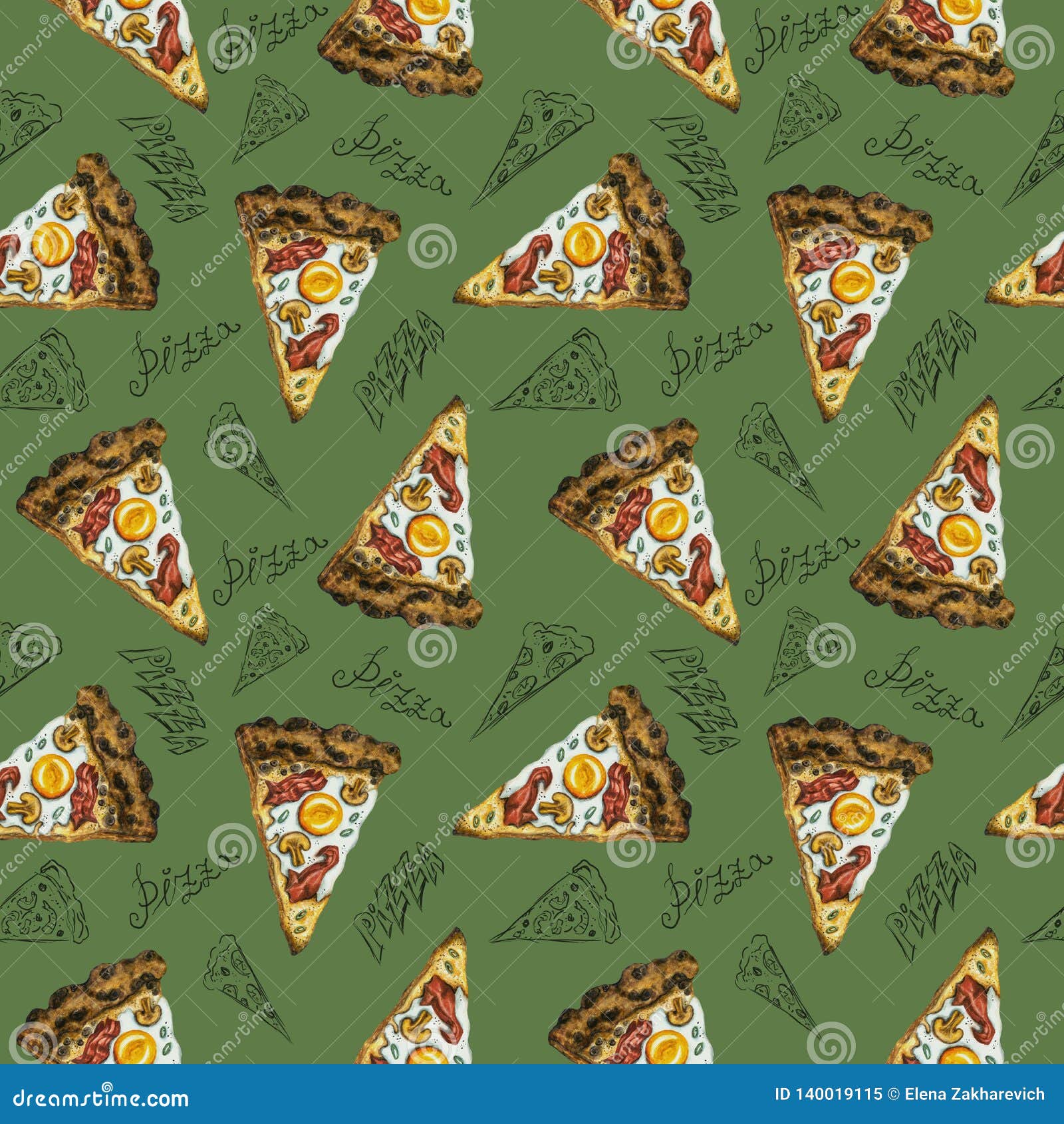 Seamless Pattern Watercolor Carbonara Pizza on Green Background Stock ...