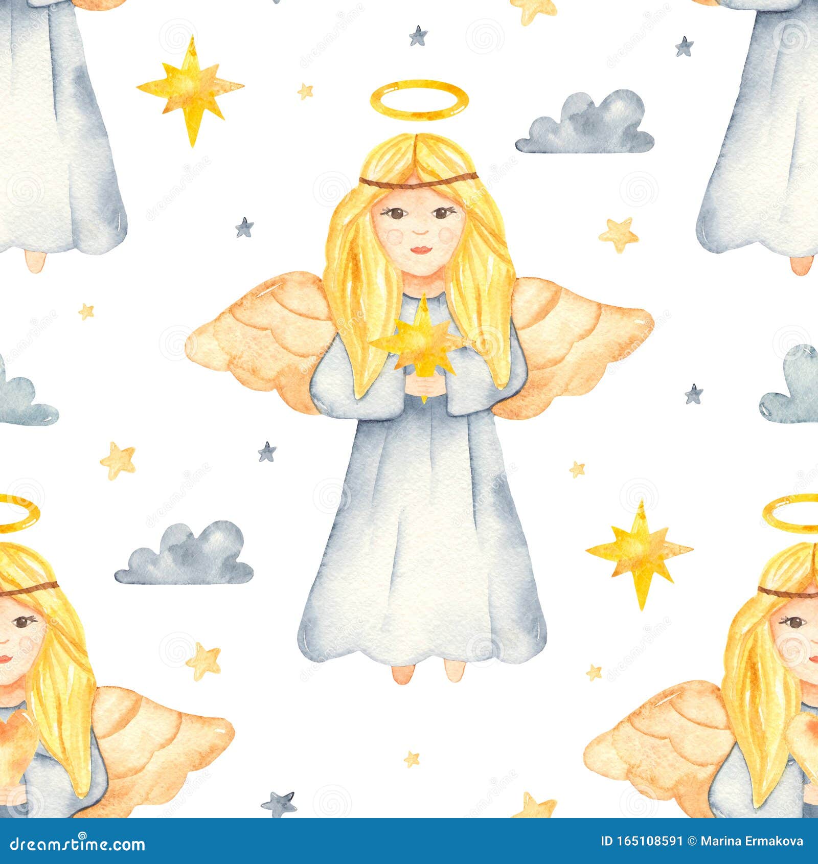 Seamless Pattern with Watercolor Christmas Angels Stock Illustration ...