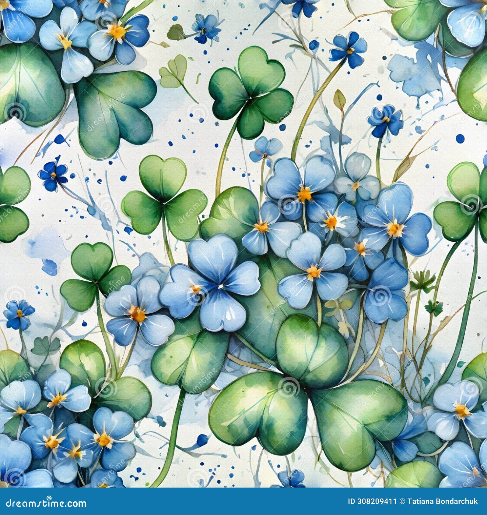 Seamless Pattern with Watercolor Clover and Blue Flowers. Hand Drawn ...