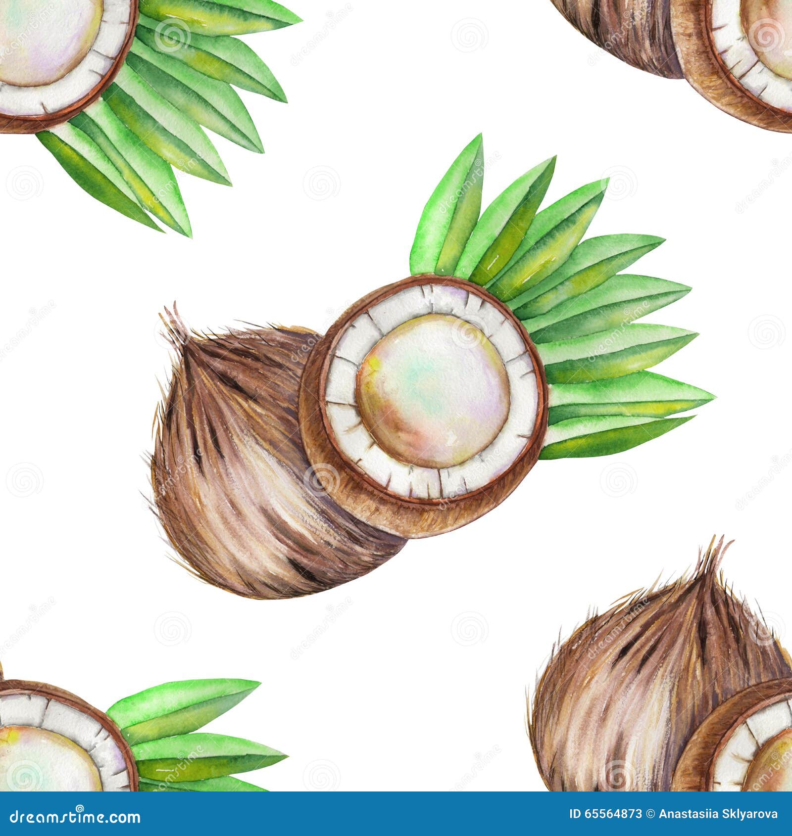 A Seamless Pattern with the Watercolor Coconut. Painted Hand-drawn in a ...