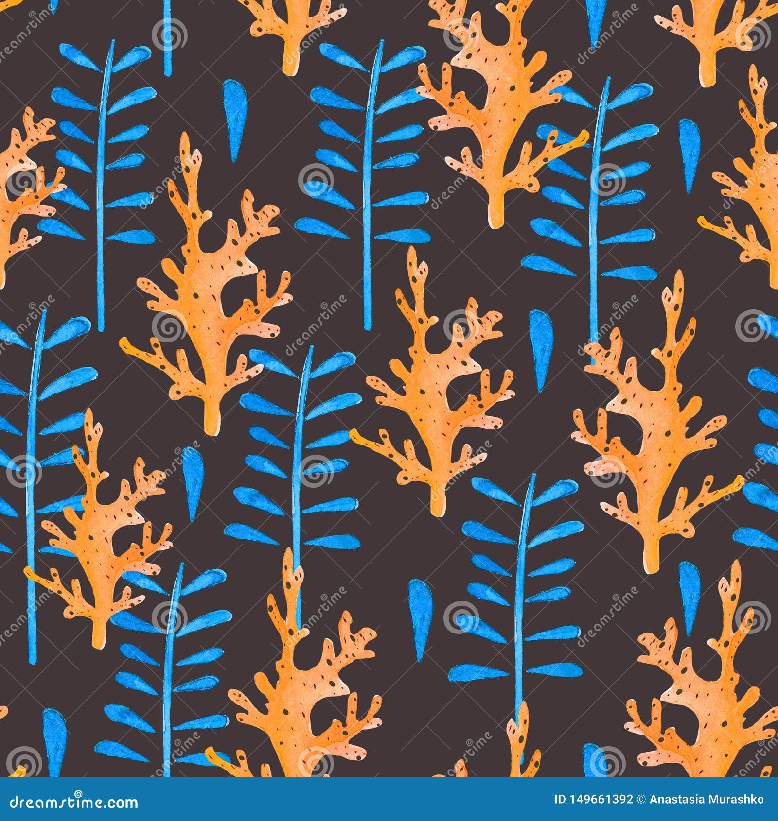 Seamless Pattern with Watercolor Corals and Algae Branches Stock ...