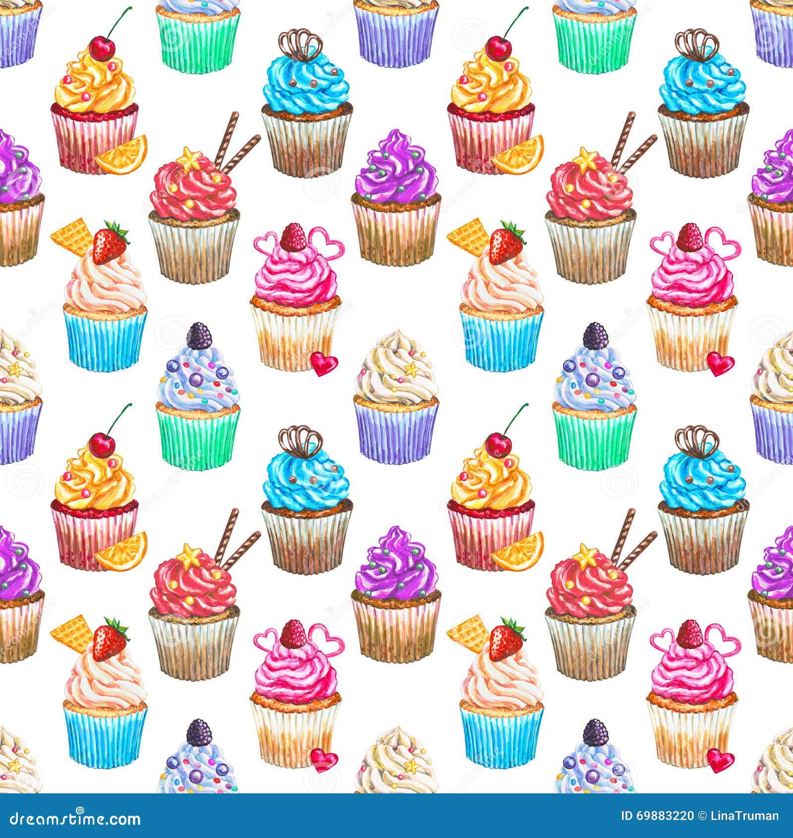 Seamless Pattern with Watercolor Cupcakes. Stock Illustration ...