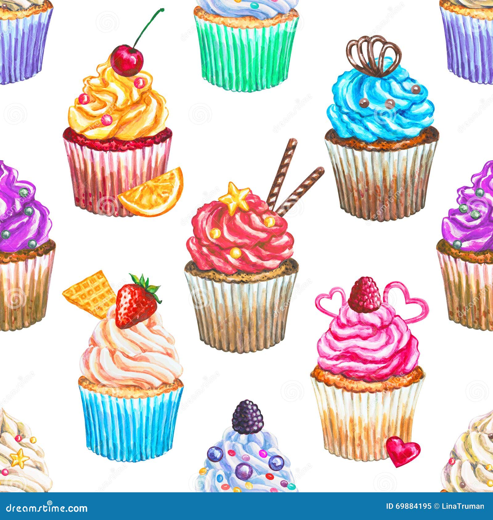 Seamless Pattern with Watercolor Cupcakes. Stock Illustration ...