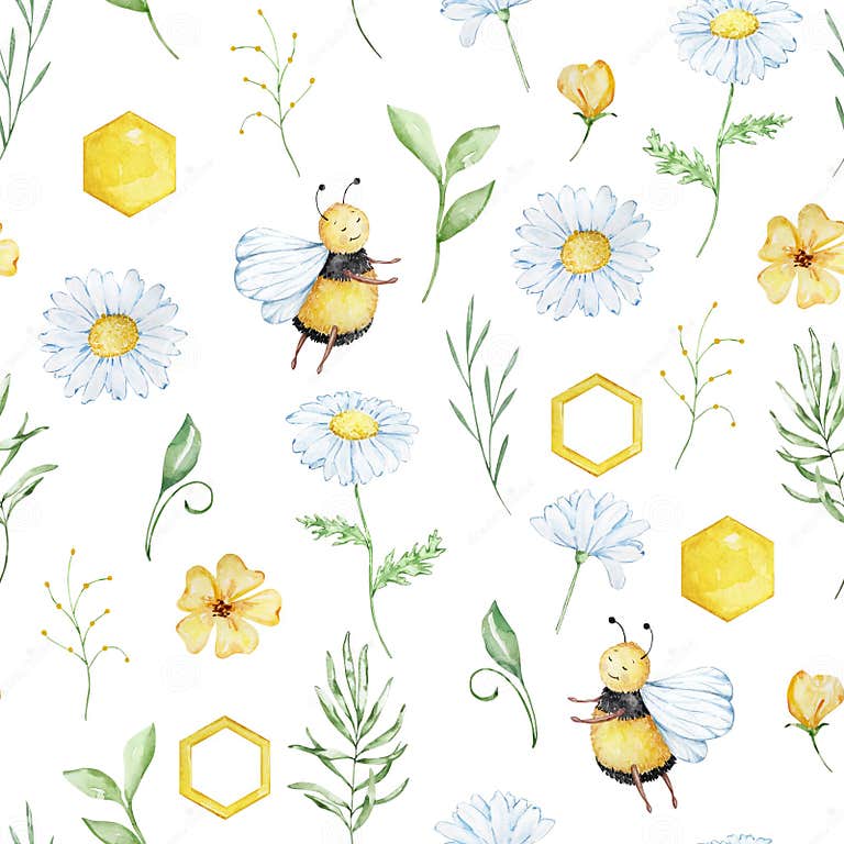 Seamless Pattern of Watercolor Cute Bees, Chamomile Stock Illustration ...