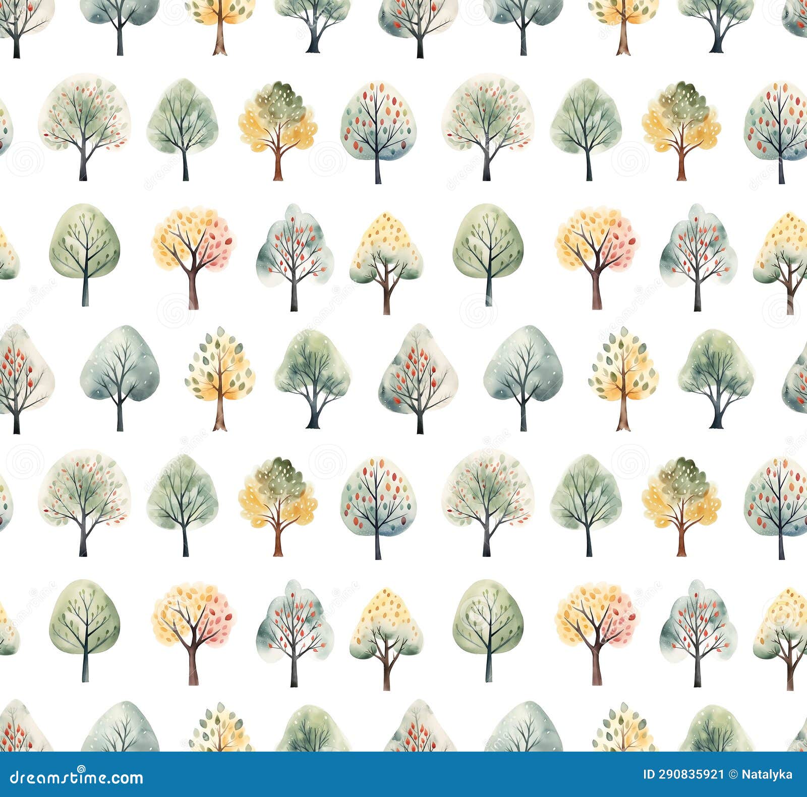 Seamless Pattern with Watercolor Different Trees Isolated on White ...