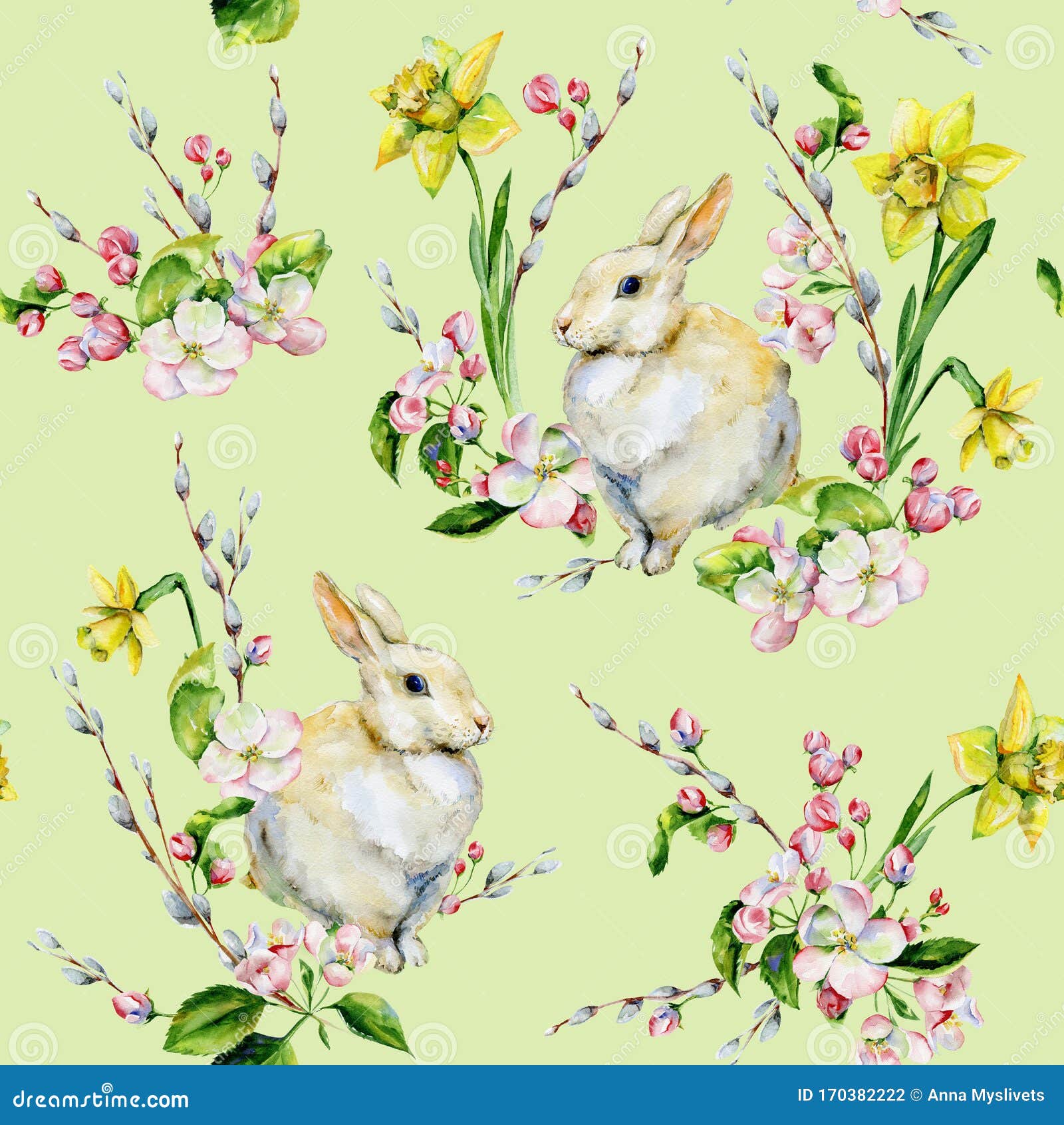 Seamless Pattern Watercolor Easter Holiday with Bunny and Daffodils ...