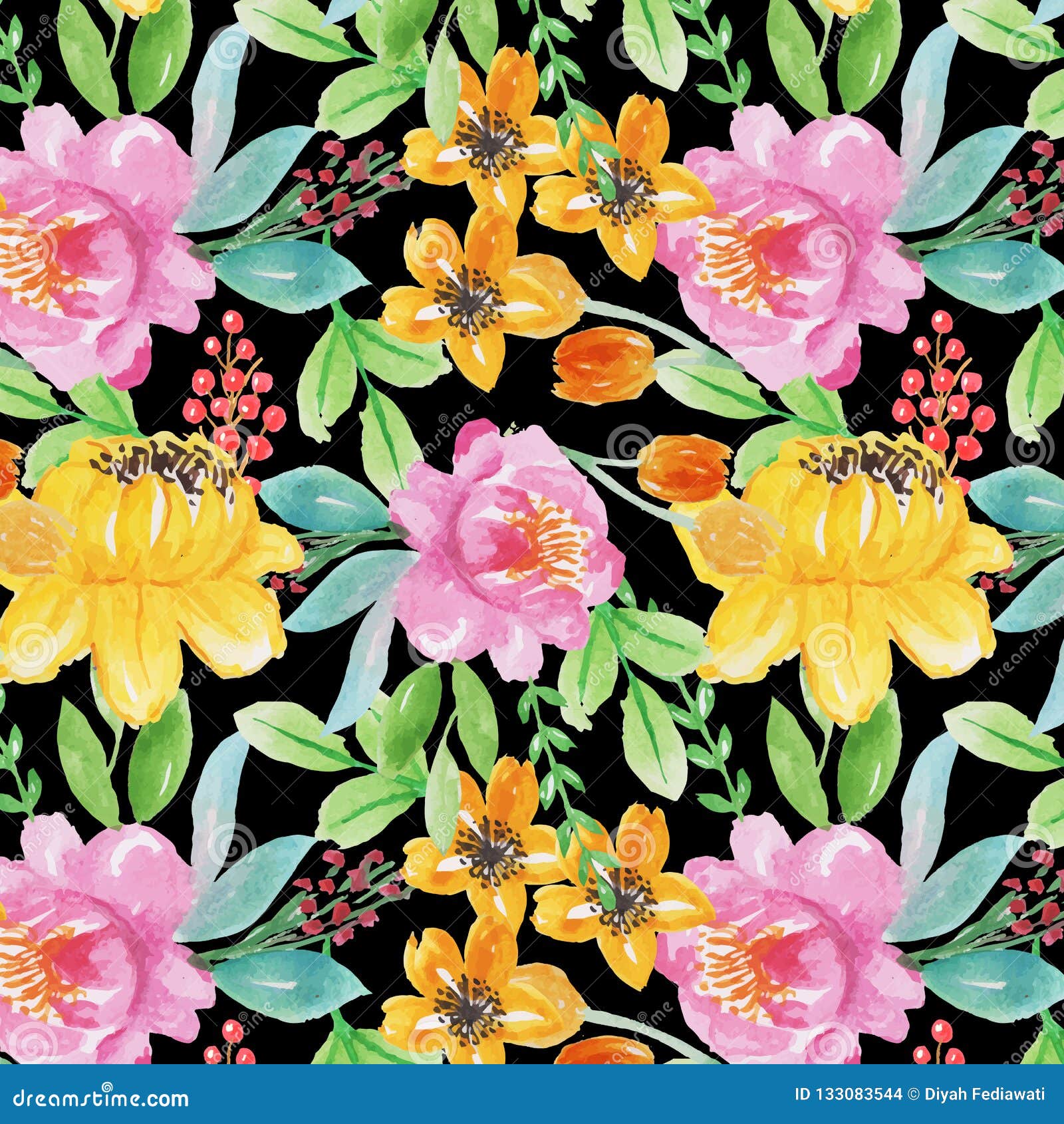 Seamless Pattern Watercolor Flower Fall Stock Vector - Illustration of ...