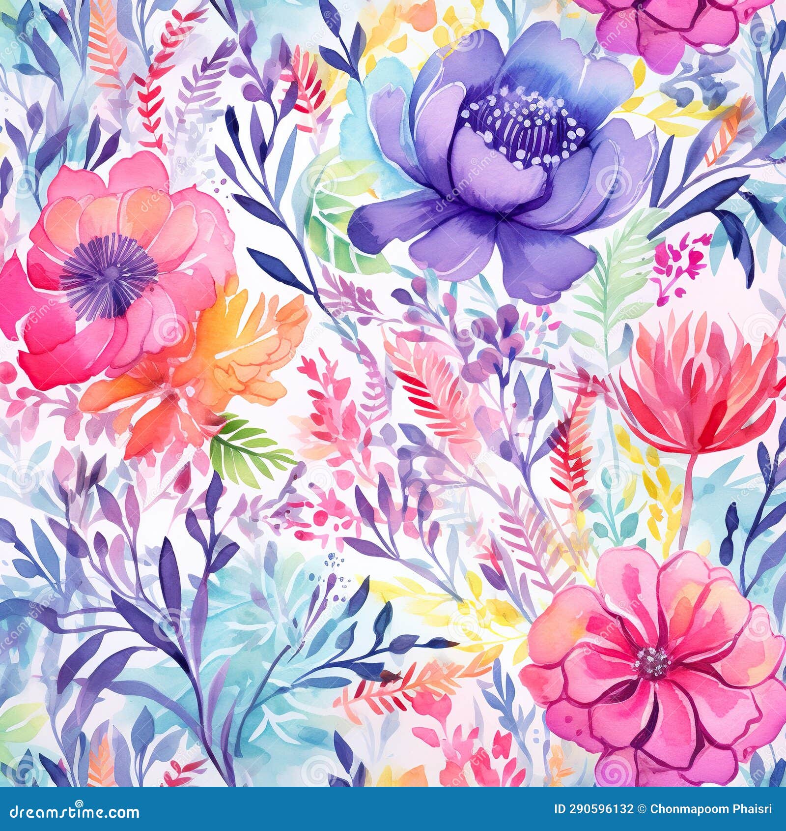 Seamless Pattern with Watercolor Flowers. Hand-drawn Illustration Stock ...