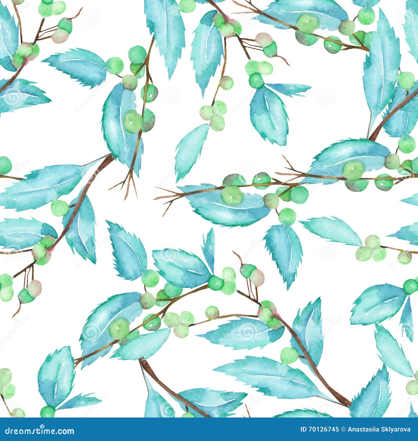 A Seamless Pattern with a Watercolor Forest Berry Branches and Leaves ...
