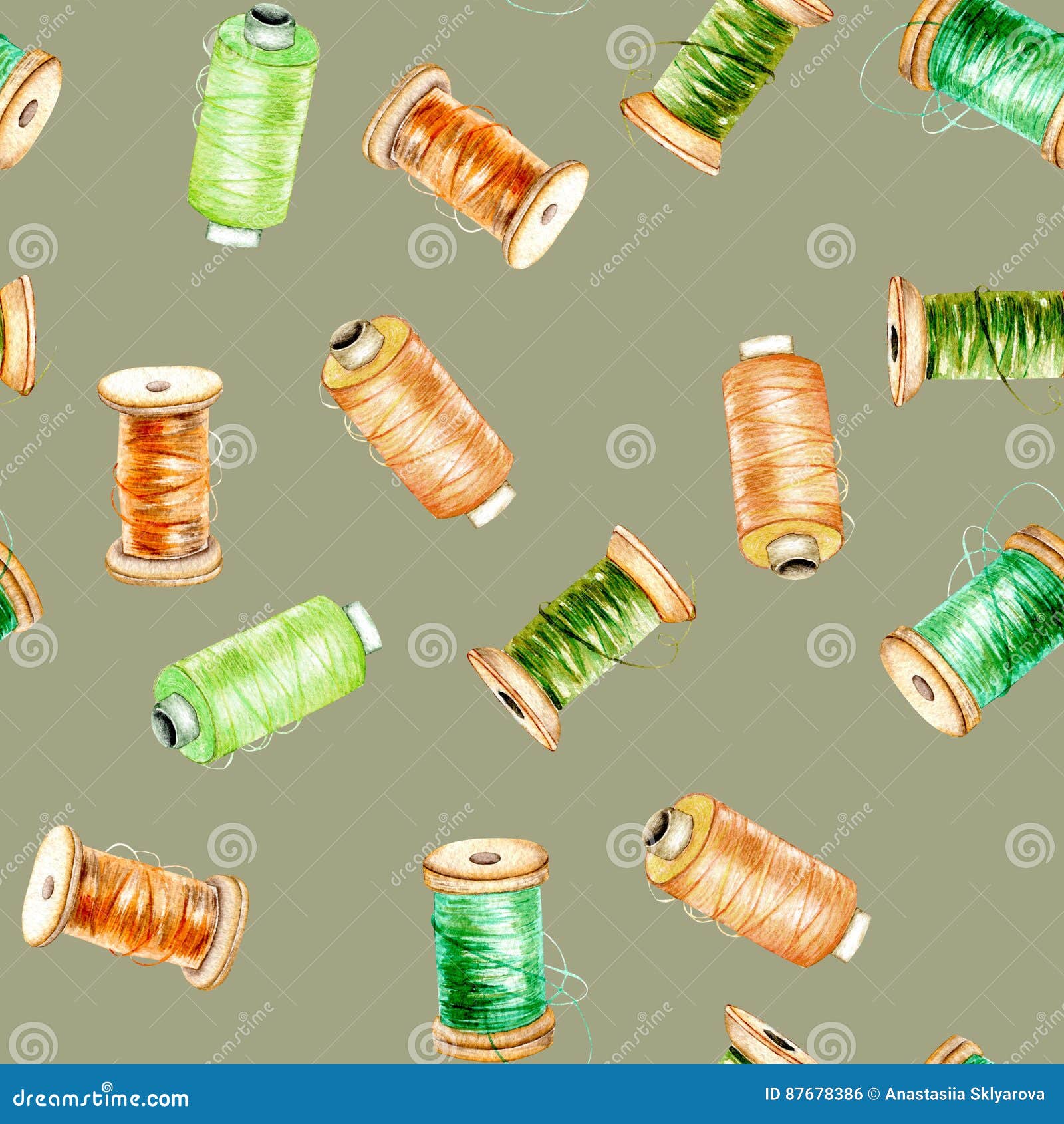 Seamless Pattern with Watercolor Green and Orange Spools of Thread ...
