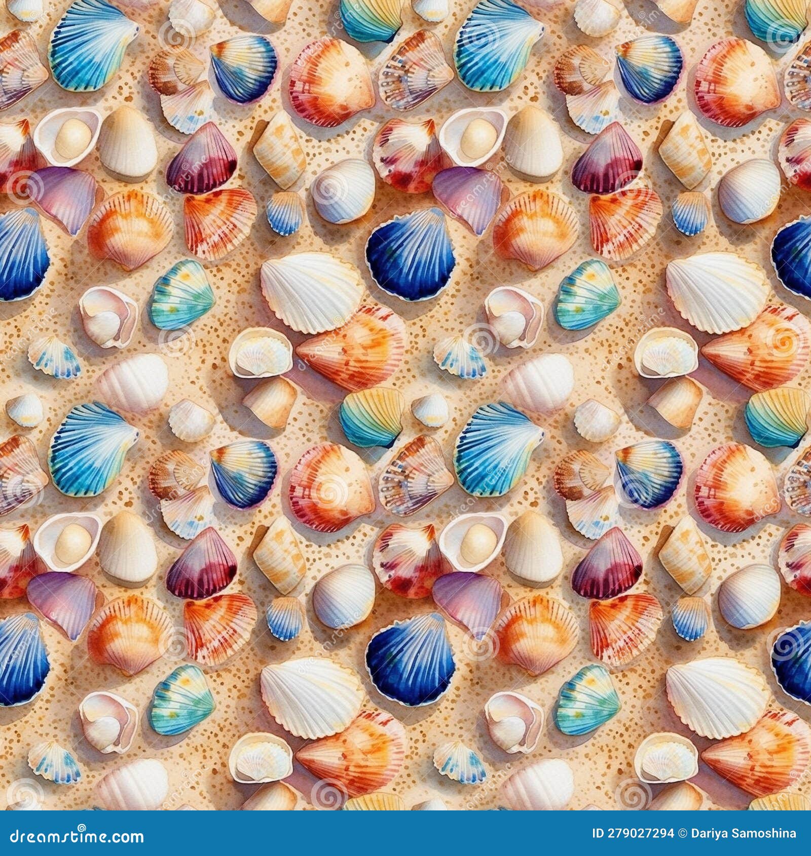 Seamless Pattern: Watercolor Illustration of Seashells and Pebbles on ...