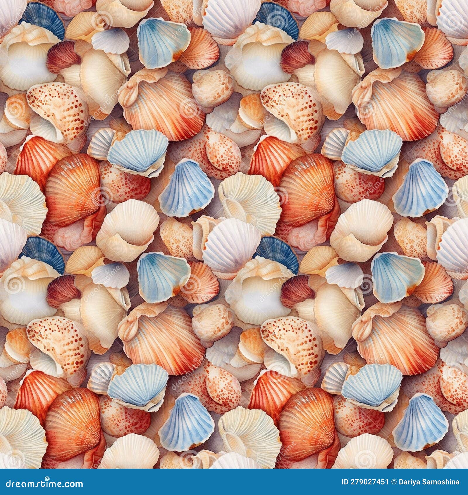 Seamless Pattern: Watercolor Illustration of Seashells and Pebbles on ...