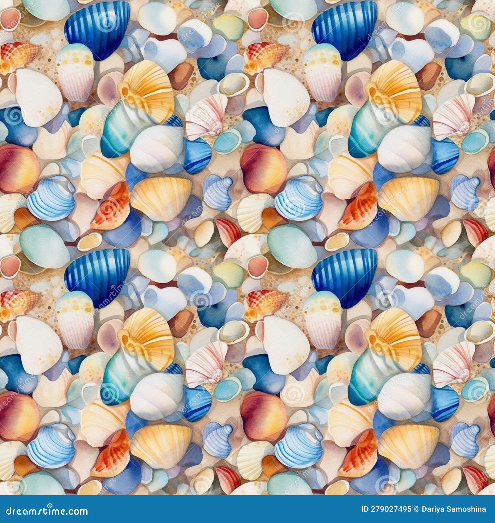Seamless Pattern: Watercolor Illustration of Seashells and Pebbles on ...