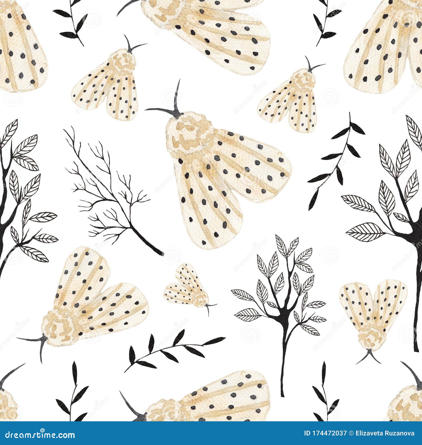 Seamless Pattern with Watercolor Moths and Leaves Stock Illustration ...