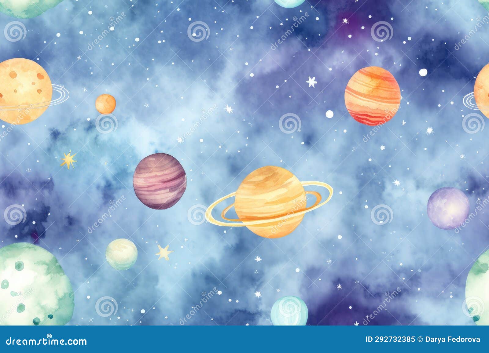 Seamless Pattern of Watercolor Outer Cosmos Space with Different Planet ...