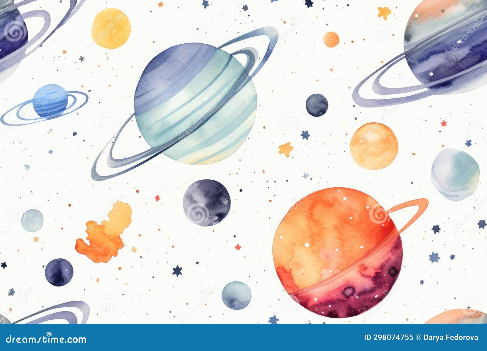Seamless Pattern of Watercolor Outer Cosmos Space with Different Planet ...