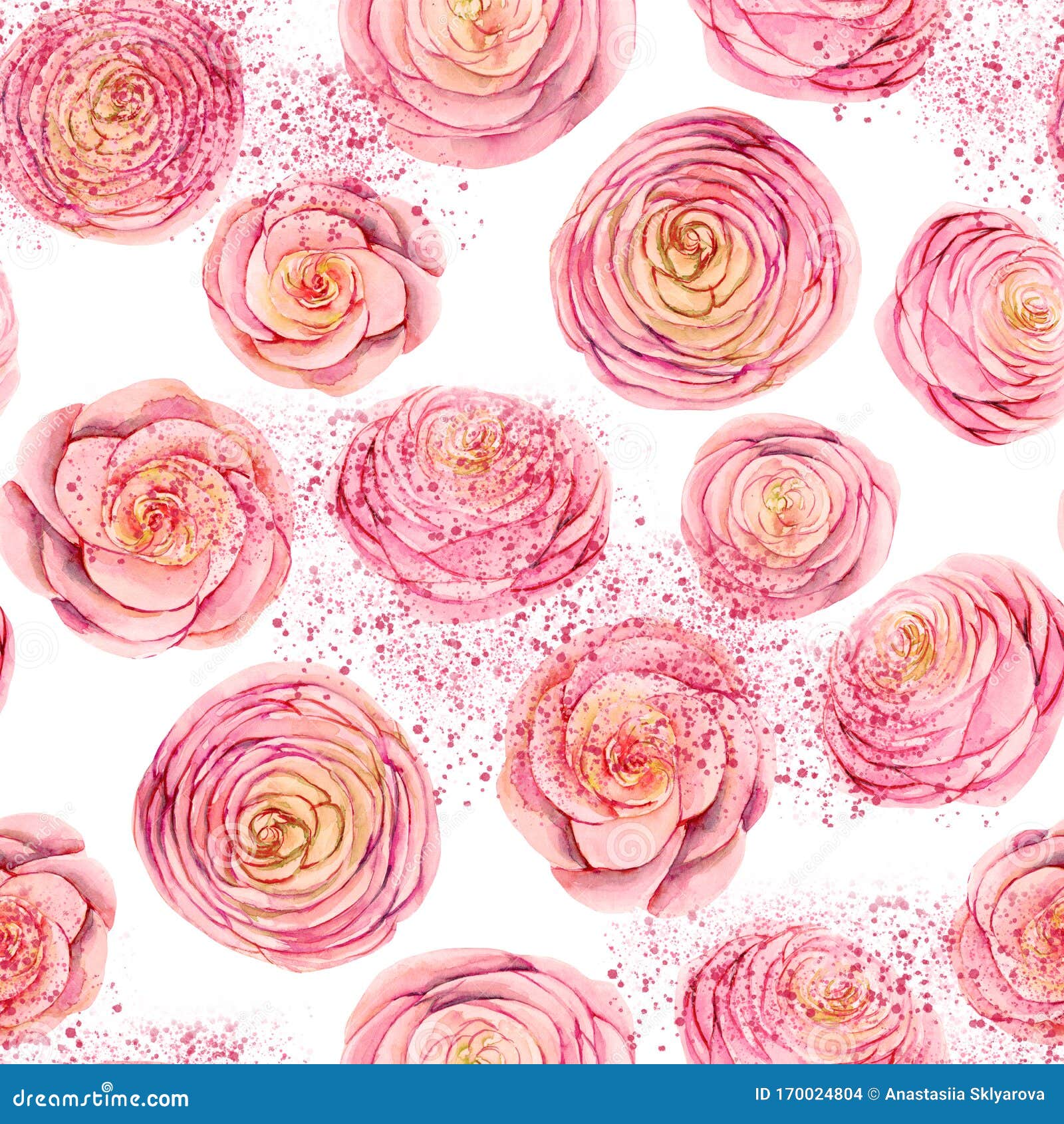 Seamless Pattern of Watercolor Pink Roses Buds and Abstract Splashes ...
