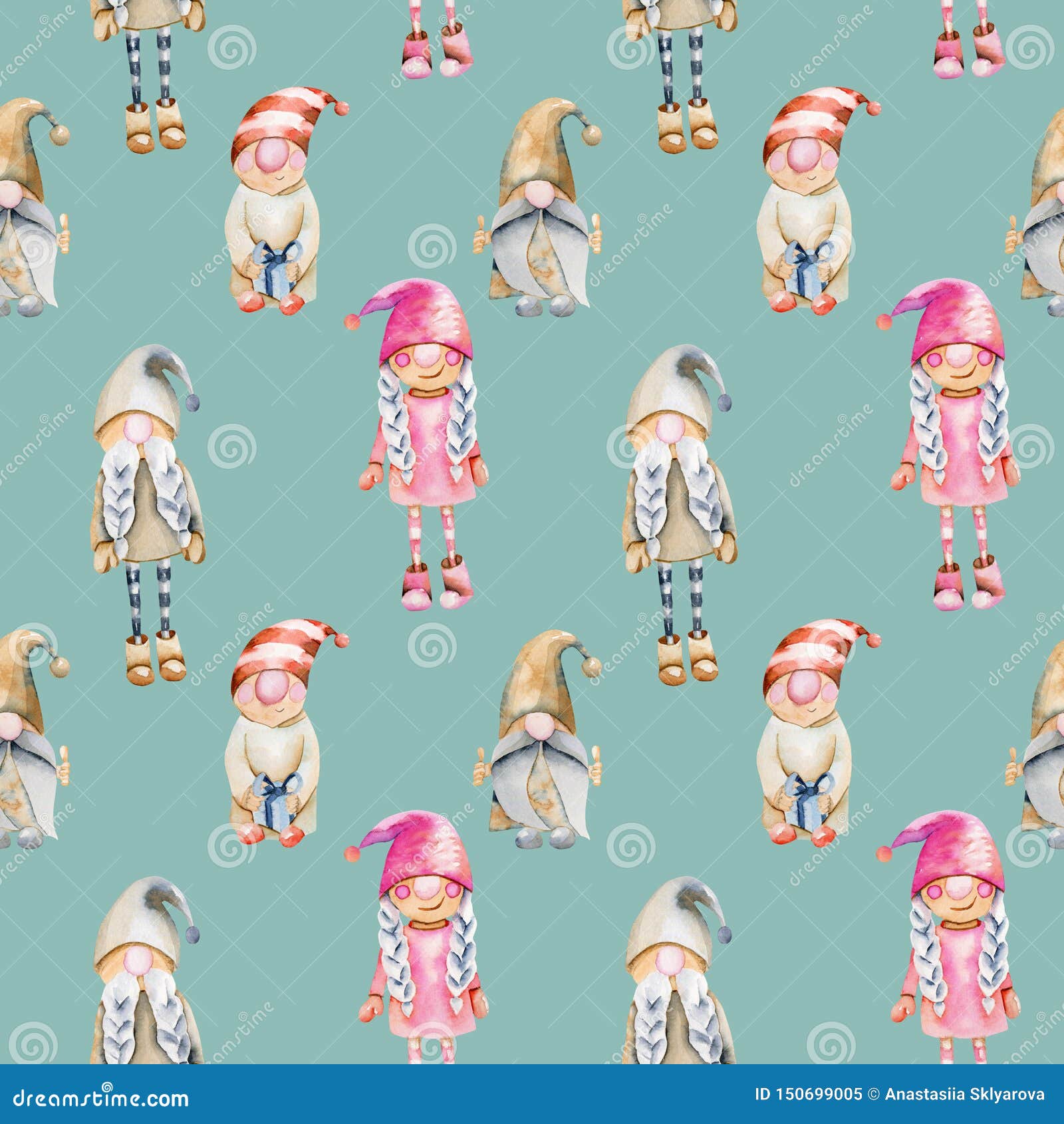 Seamless Pattern of Watercolor Scandinavian Trolls, Christmas Gnomes ... Seamless Pattern of Watercolor Scandinavian Trolls, Christmas Gnomes ...