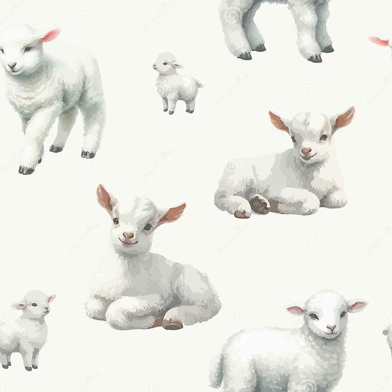 Seamless Pattern with Watercolor White Lamb on White Background. Stock ...