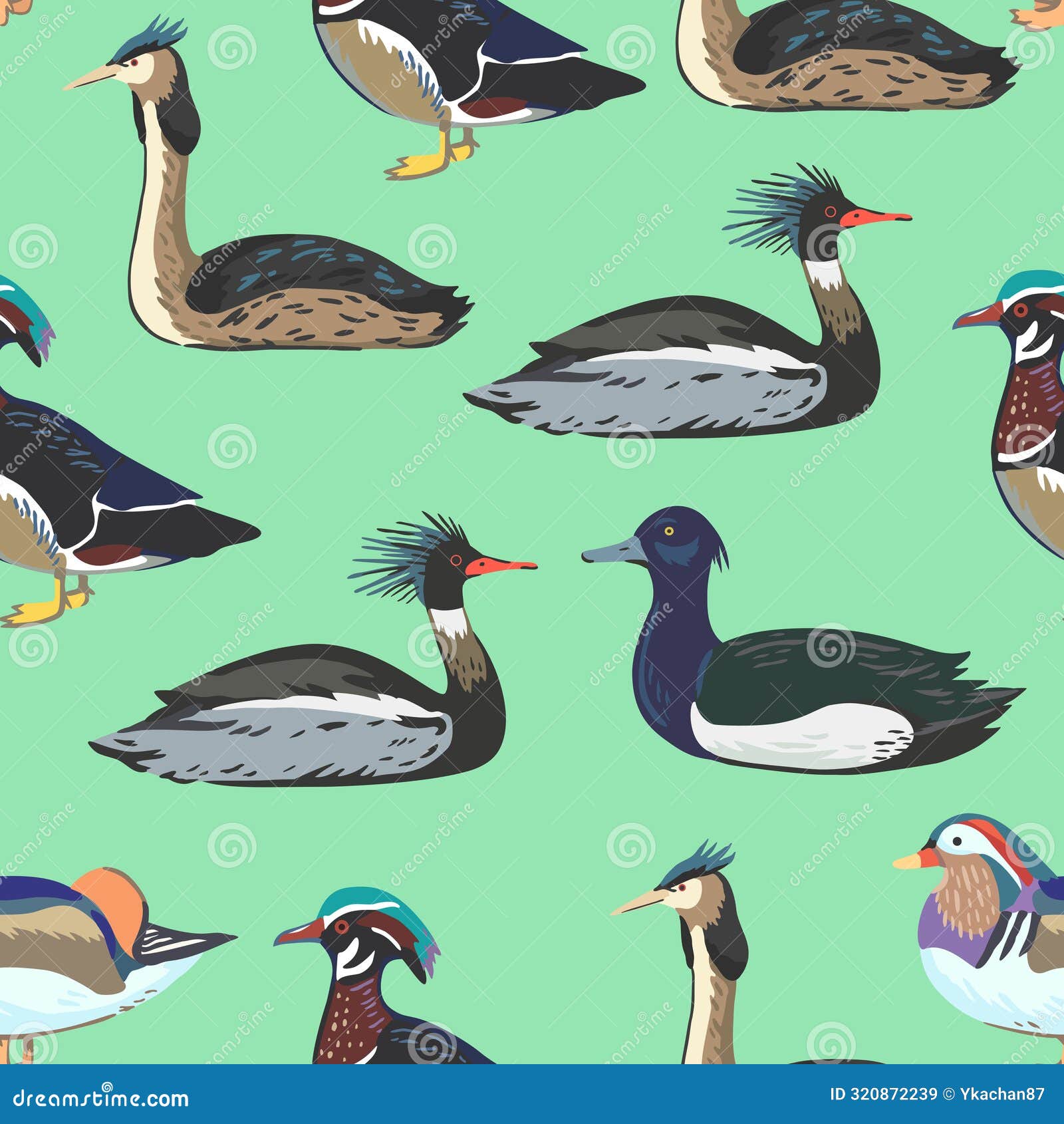 Seamless Pattern with Waterfowl, Different Types of Ducks and Grebe ...