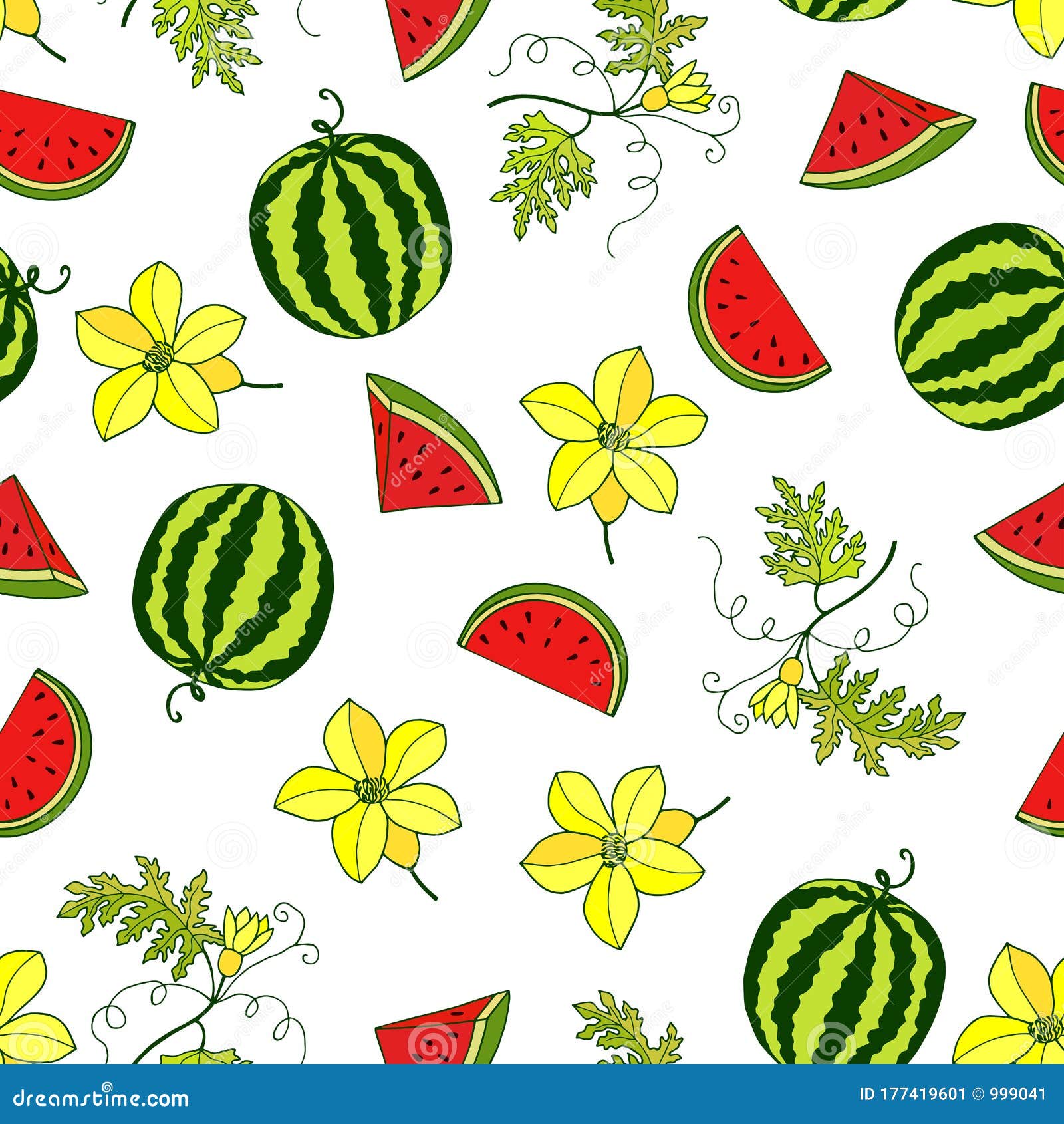 Seamless Pattern of Watermelon Fruit, Pieces of Watermelon, Flowers ...