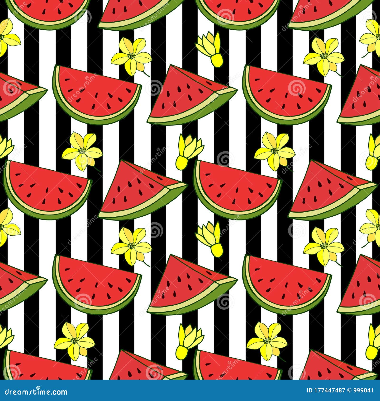 Seamless Pattern Of Watermelon Fruit, Pieces Of Watermelon, Flowers ...