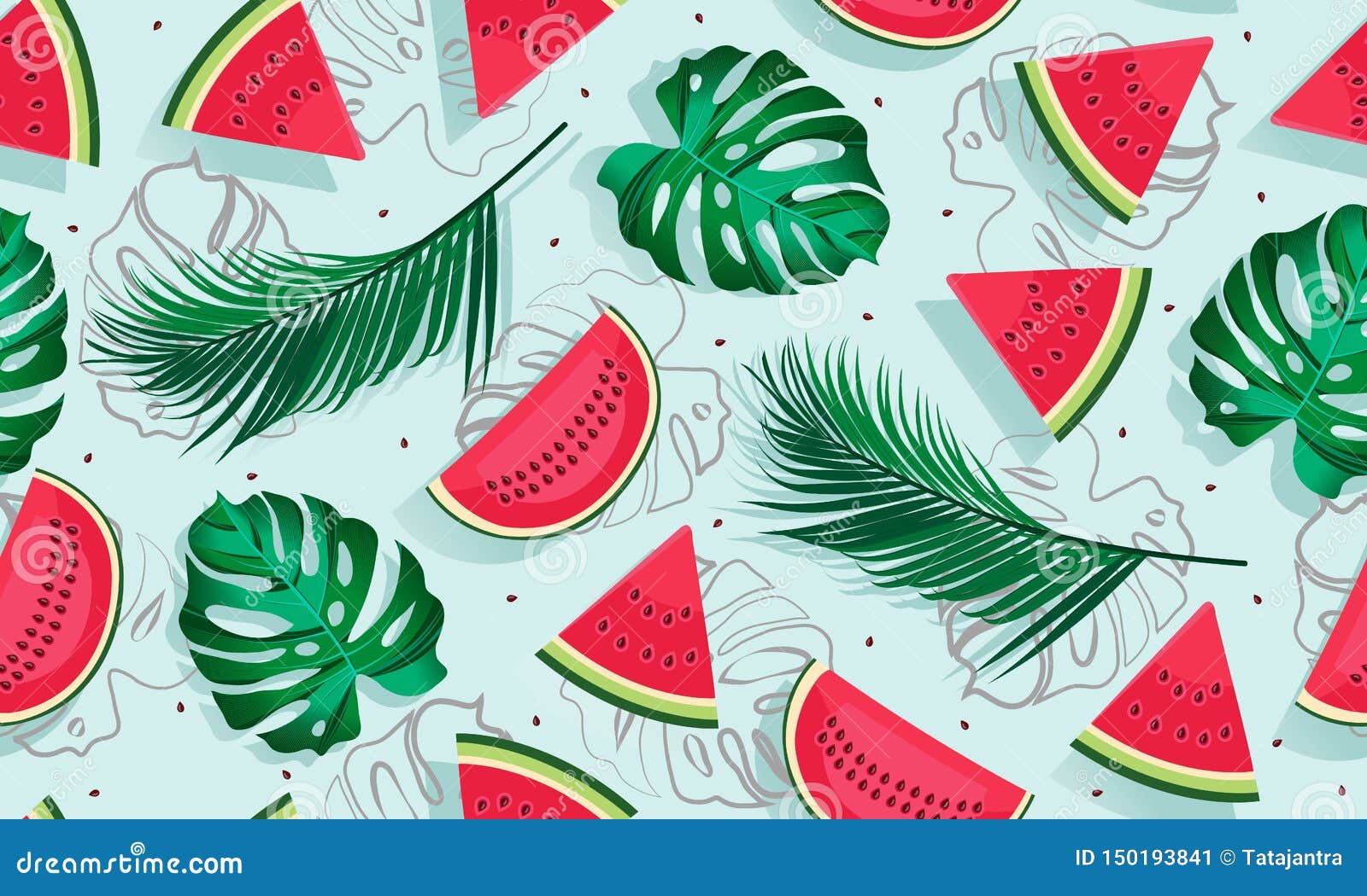 Seamless Pattern Watermelons With Tropical Leaf, Slice Of Watermelon ... Seamless Pattern Watermelons With Tropical Leaf, Slice Of Watermelon ...