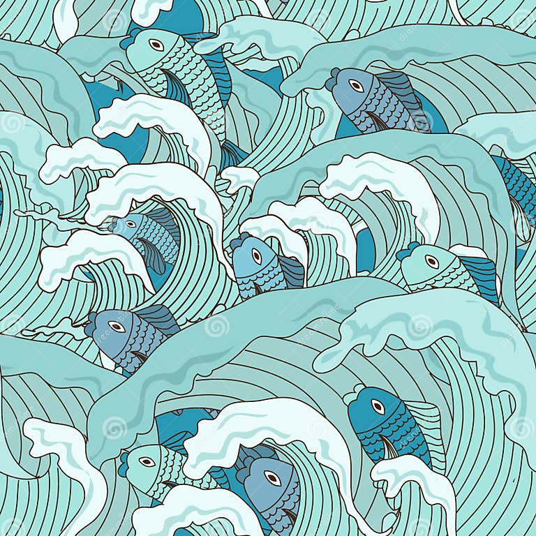 Seamless Pattern of Waves and Fish Stock Vector - Illustration of ...